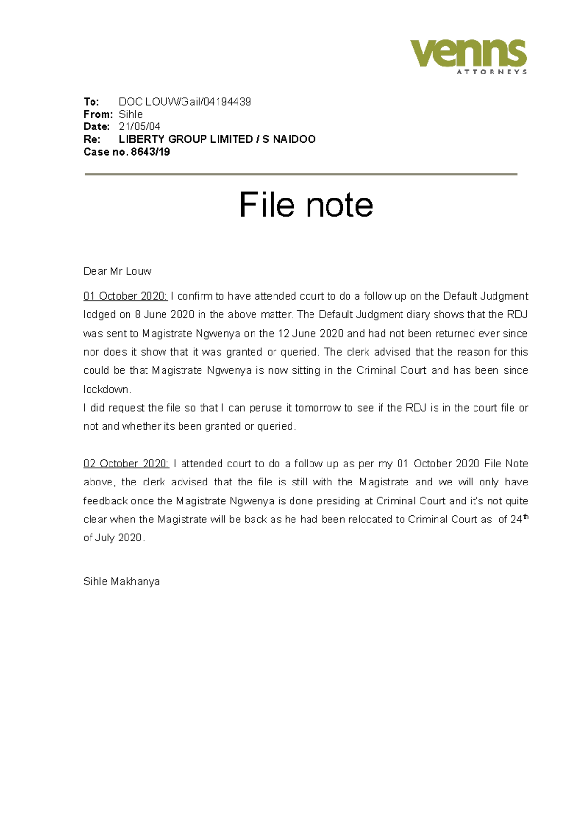 File Note 01 October 2020 Liberty Group Limited S Naidoo - To: DOC LOUW ...