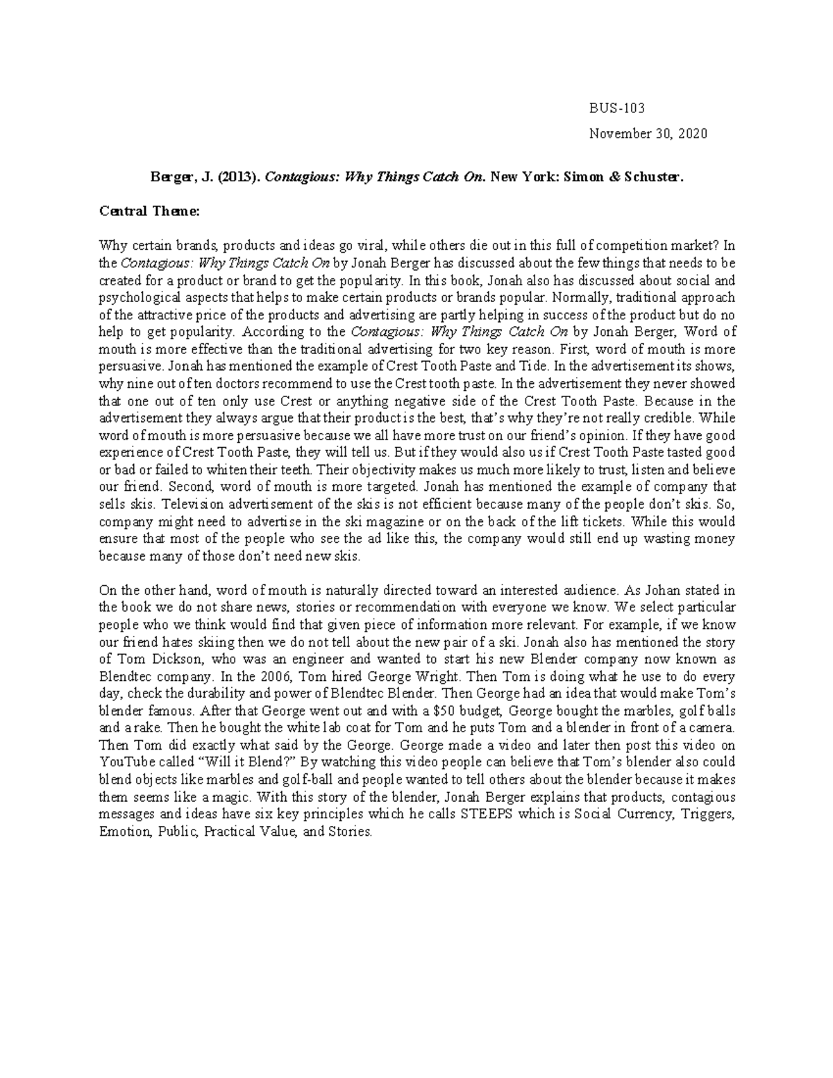 Contagious Book Review - BUS- 103 November 30 , 2020 Berger, J. (2013 ...