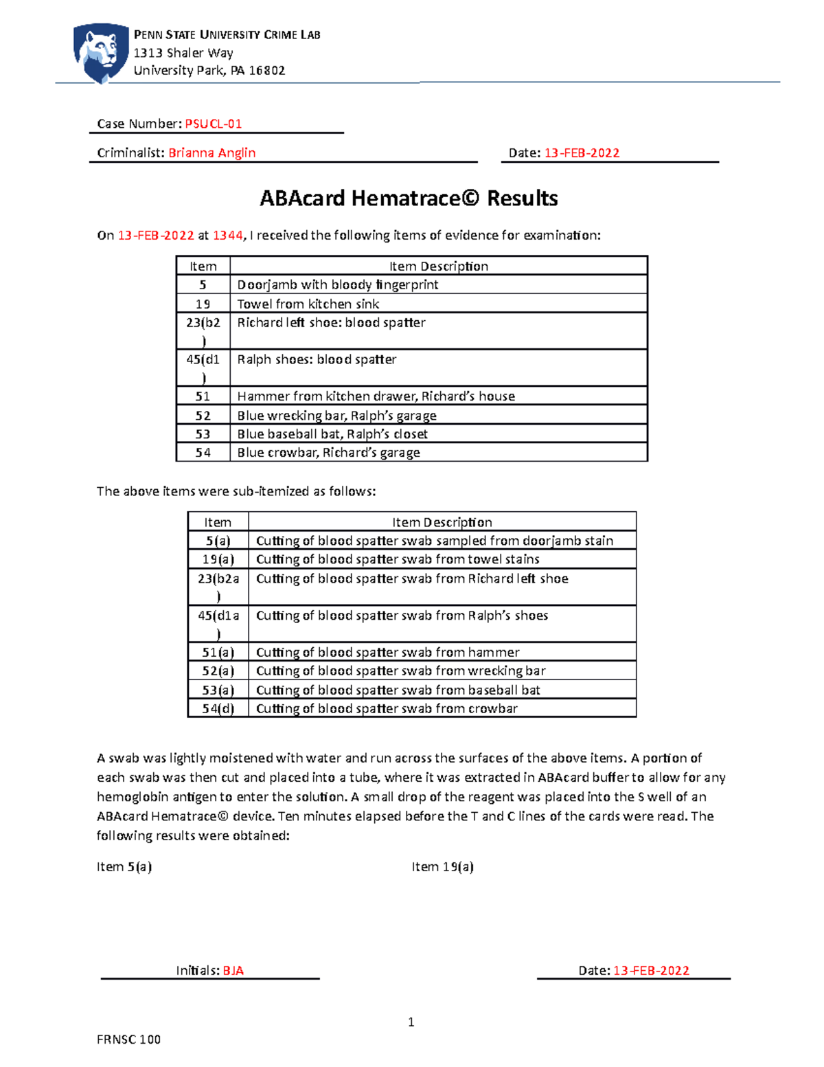 Case Notes - ABAcards Results - PENN STATE UNIVERSITY CRIME LAB 1313 ...