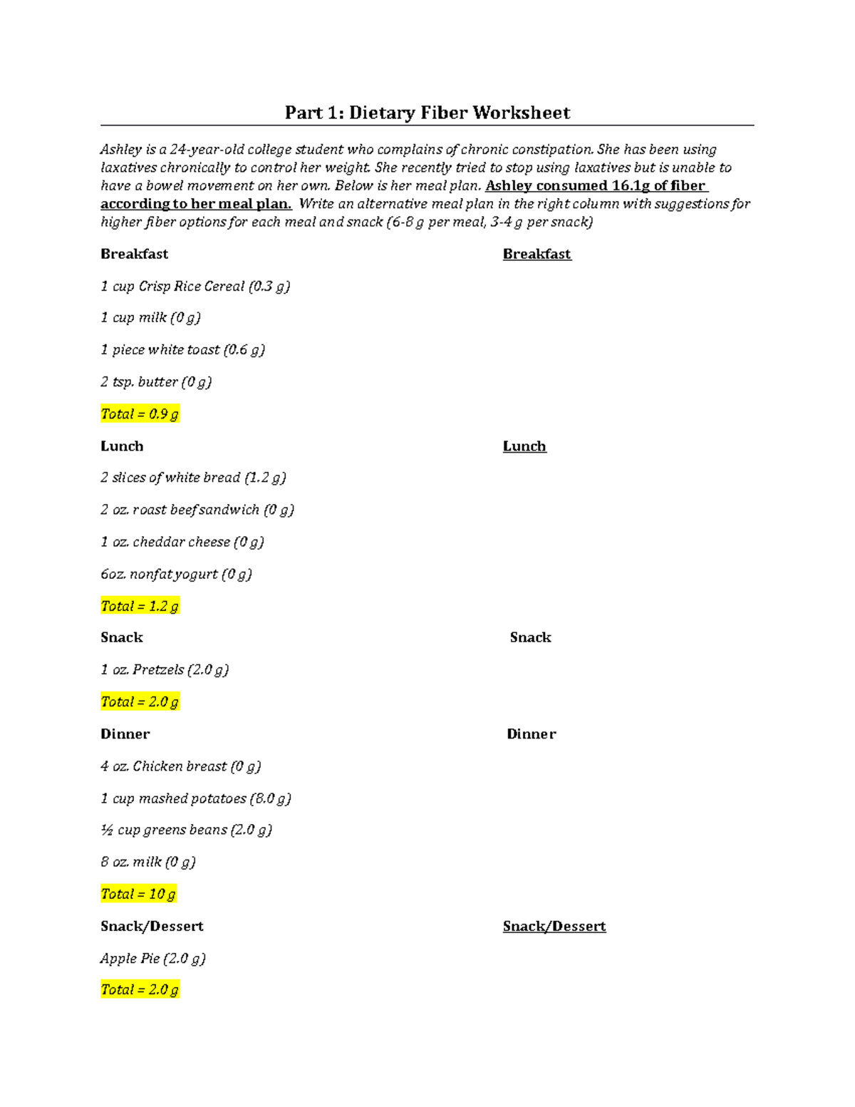 Macronutrient 3 Part Assignment 2021 - Part 1: Dietary Fiber Worksheet ...