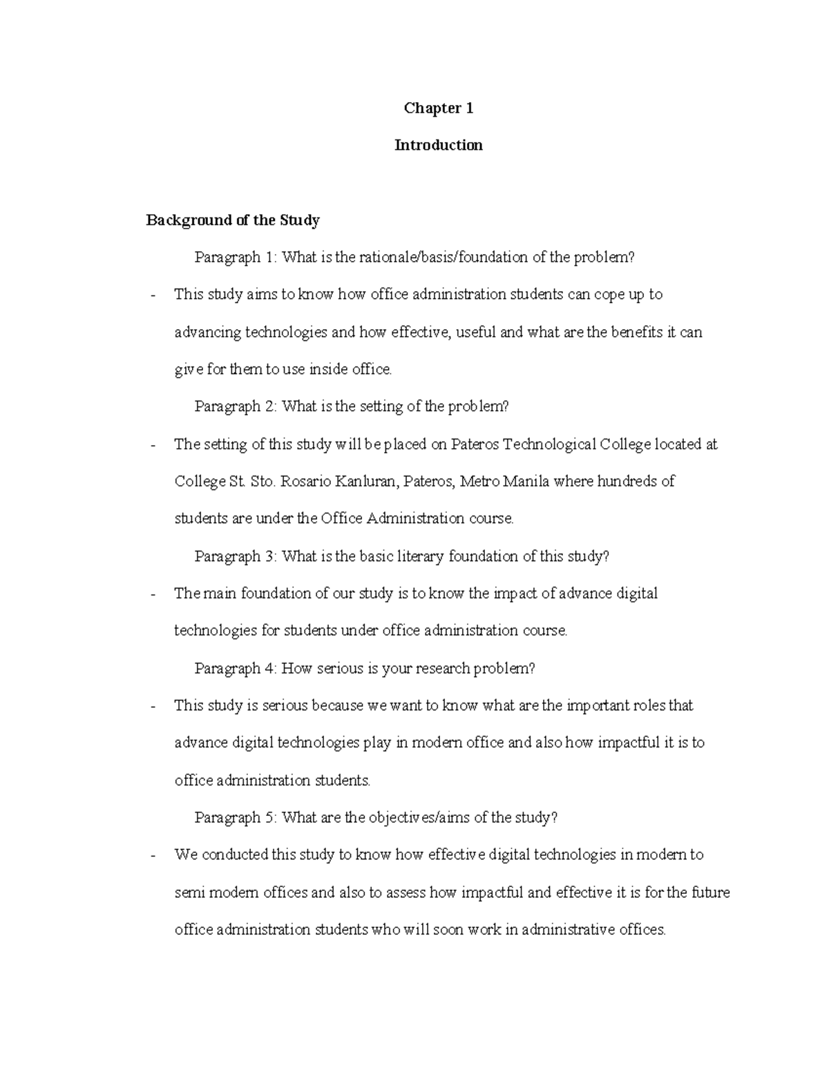 Chapter 1 (Introduction) Templatete - Chapter 1 Introduction Background of the Study Paragraph 1 ...