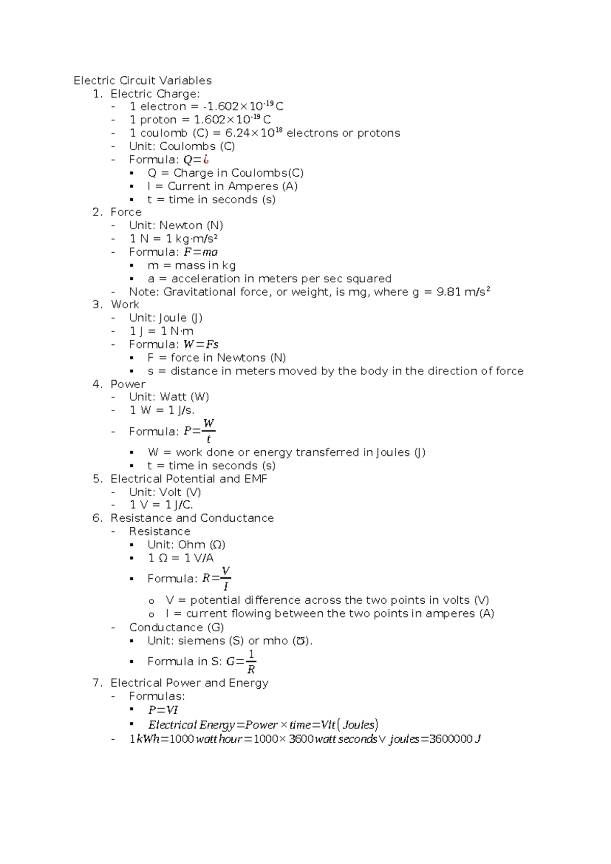 EE Formulas - Electric Circuit Variables 1. Electric Charge: - 1 ...