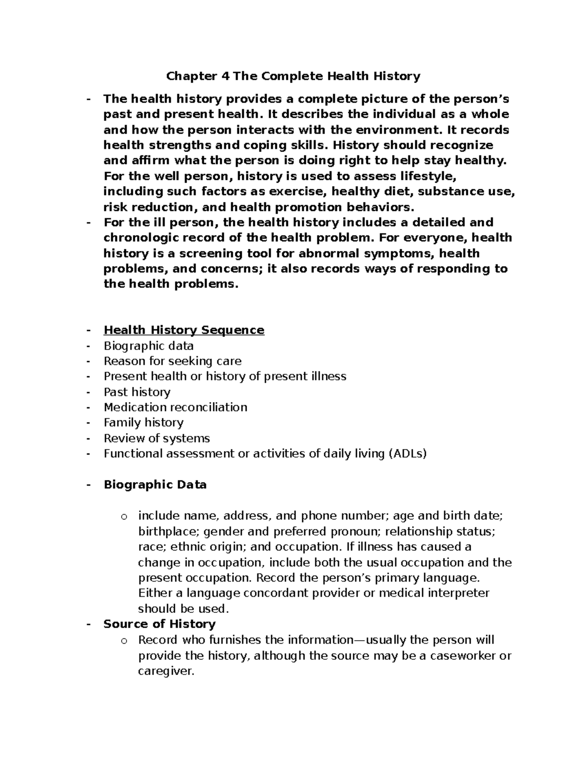 Chapter 4 Notes - Chapter 4 The Complete Health History The health ...