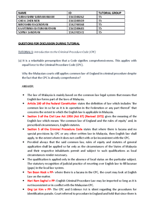Tutorial 4 Topic 3 - Arrest (Part 2) - TUTORIAL 4 Topic 3 (Arrest) QUESTION 1 Based on credible ...