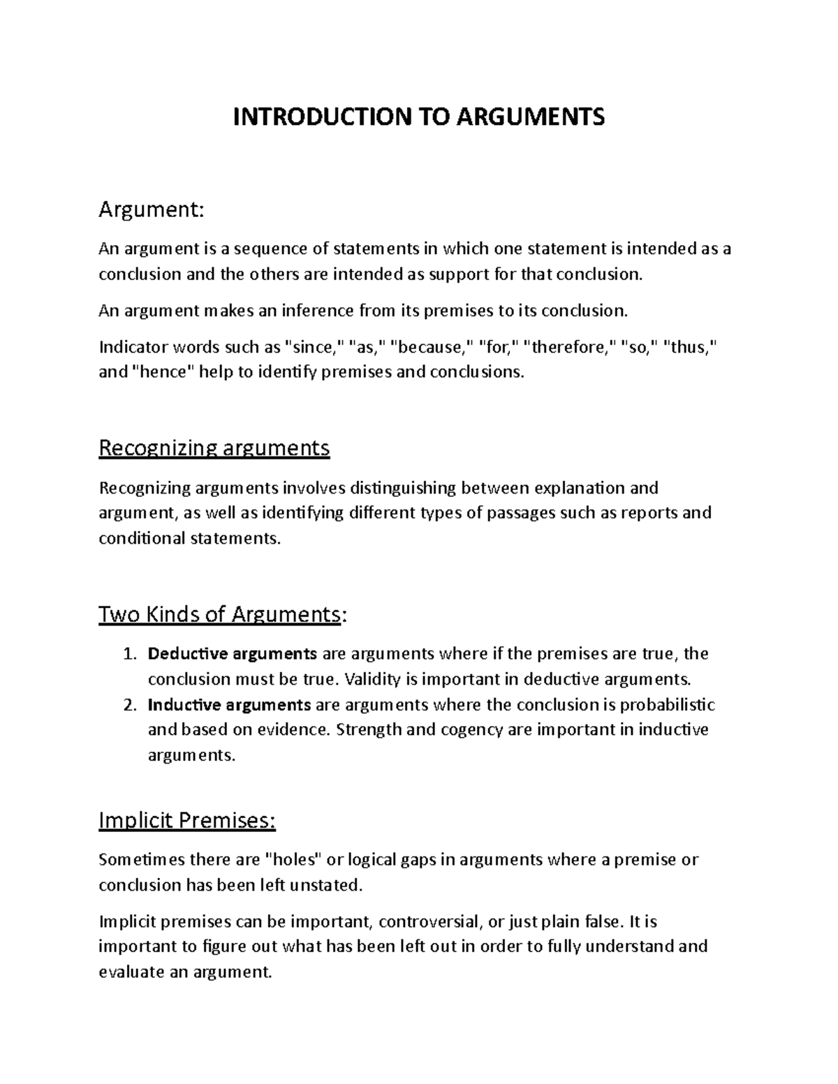 Introduction to Arguments - INTRODUCTION TO ARGUMENTS Argument: An argument is a sequence of ...
