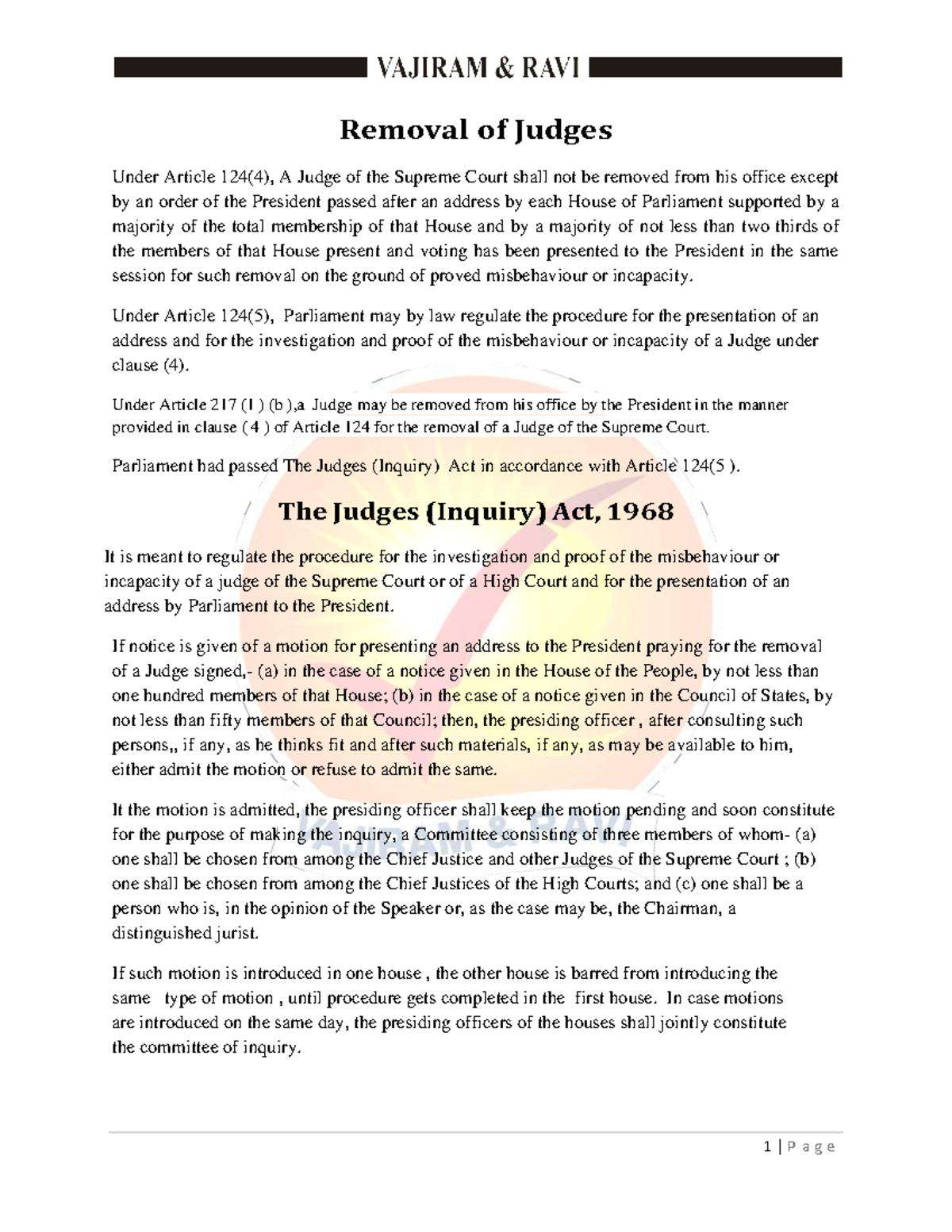 Removal of Judges hand6 - 1 | P a g e Removal of Judges Under Article ...