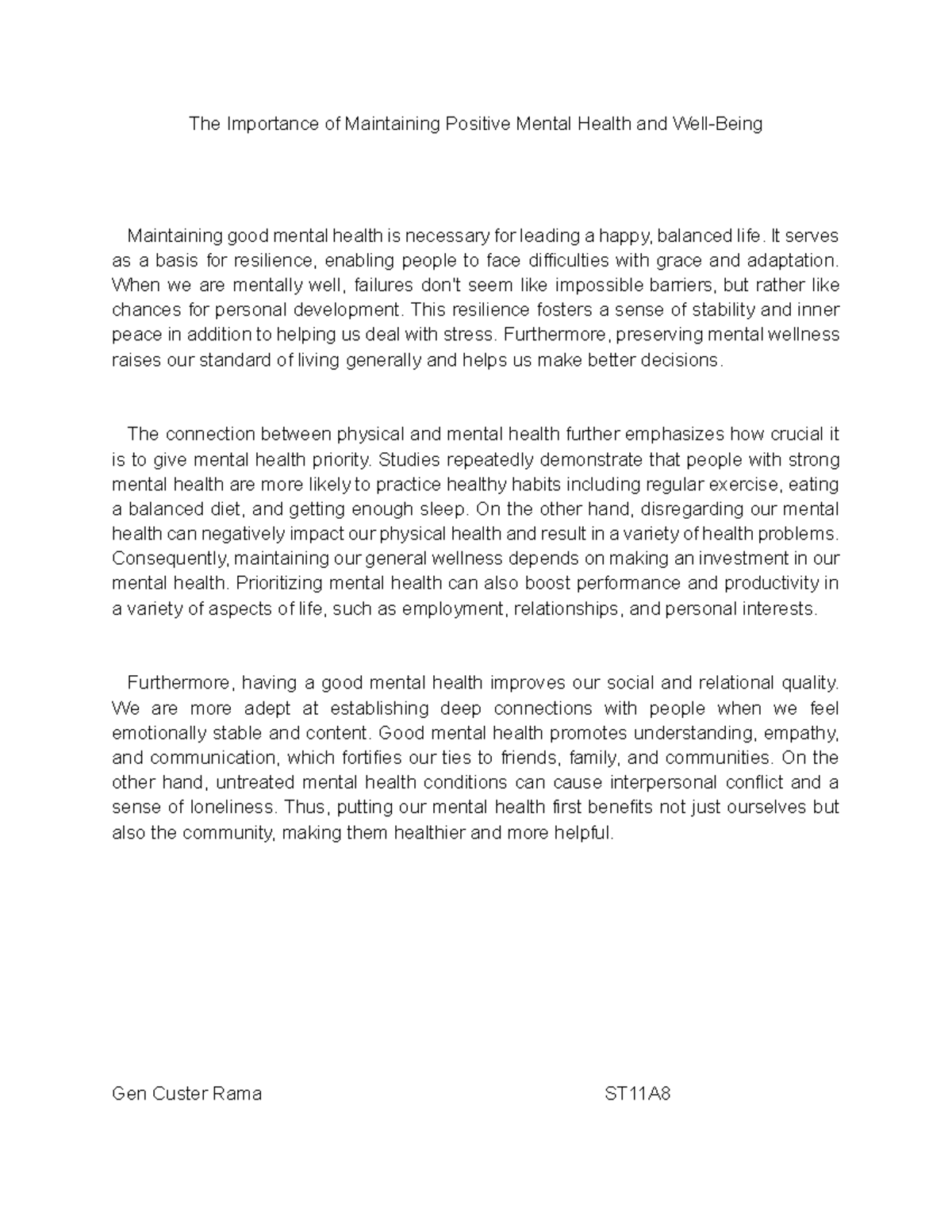 Essay - mentality - The Importance of Maintaining Positive Mental ...