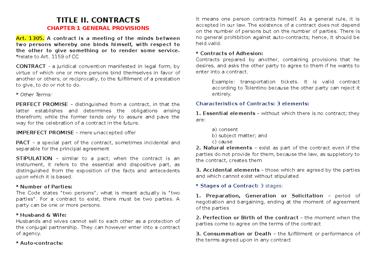 Contracts Reviewer - TITLE II. CONTRACTS CHAPTER 1 GENERAL PROVISIONS Art. 1305. A contract is a ...