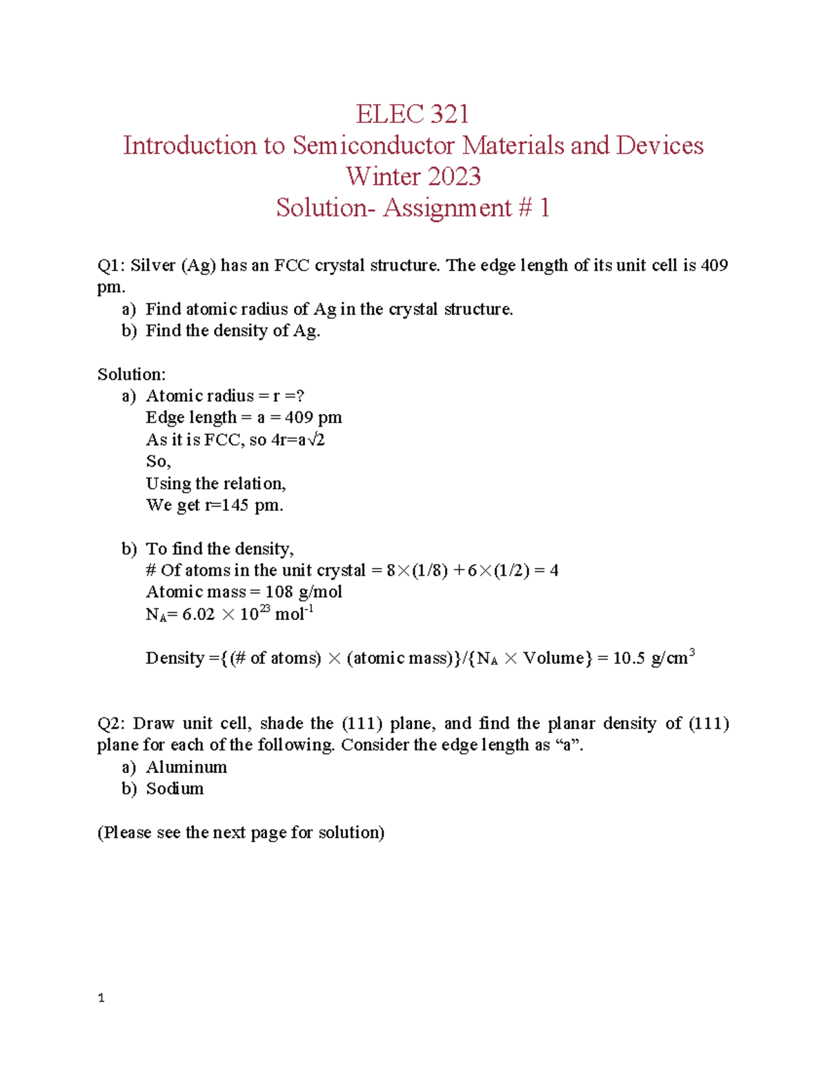 Assignment 1 Solutions - ELEC 321 Introduction to Semiconductor Materials and Devices Winter ...