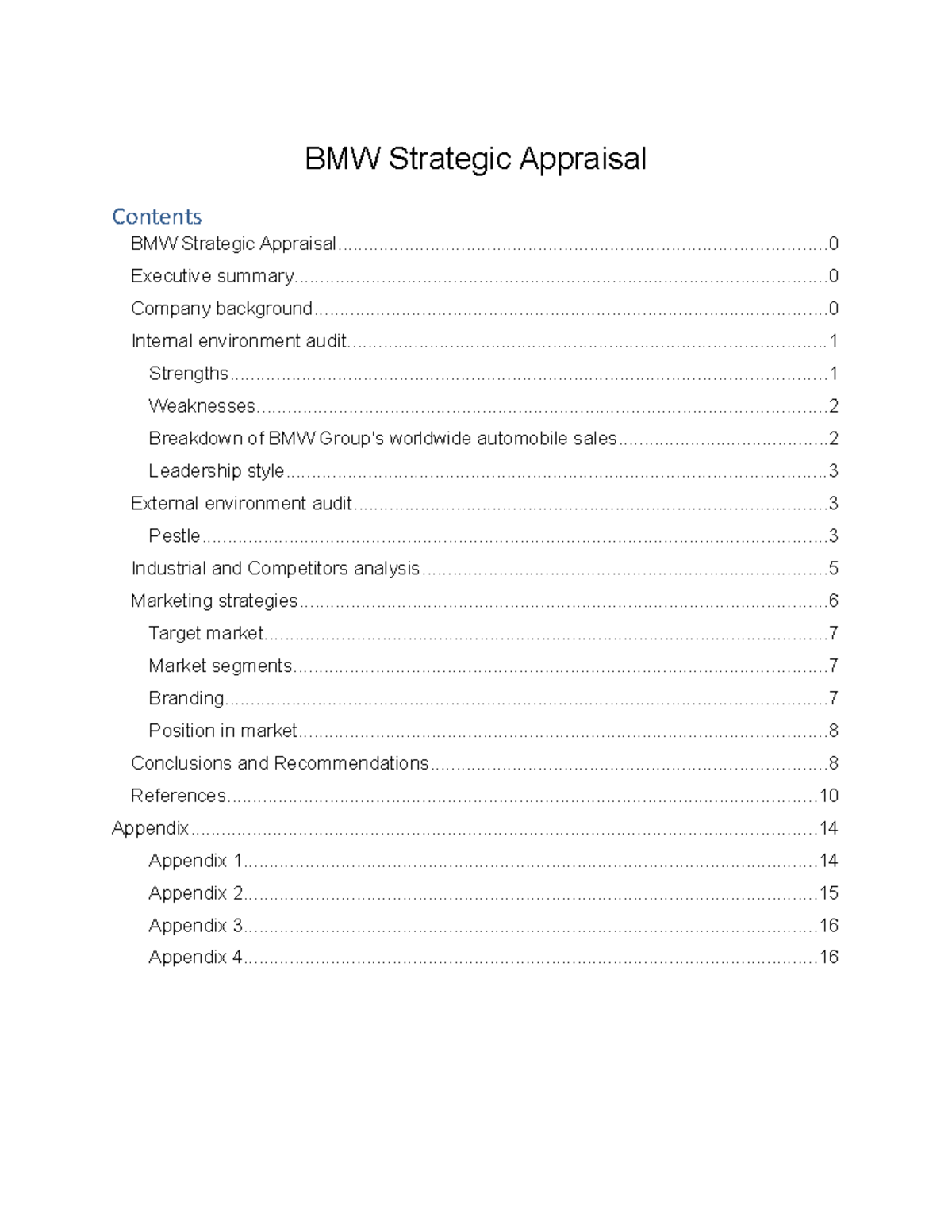BMW - bmw coursework - BMW Strategic Appraisal Contents BMW Strategic ...