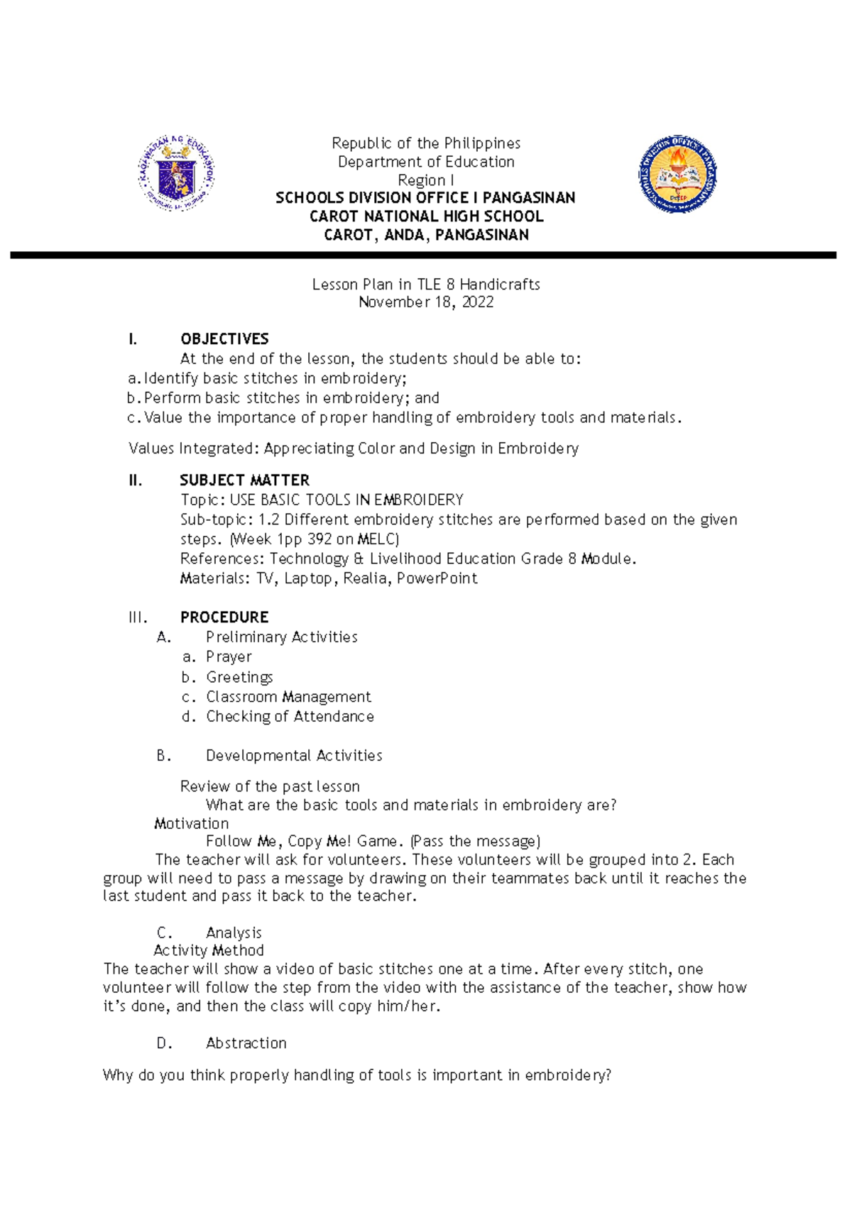 TLE 8 Q2 DLP - Study Guide - Republic of the Philippines Department of ...