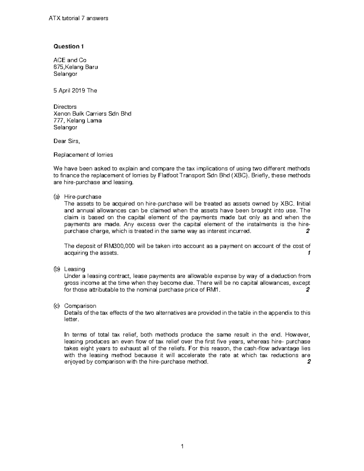 ATX tutorial 7 answers acca exam question - 1 Question 1 ACE and Co 675 ...