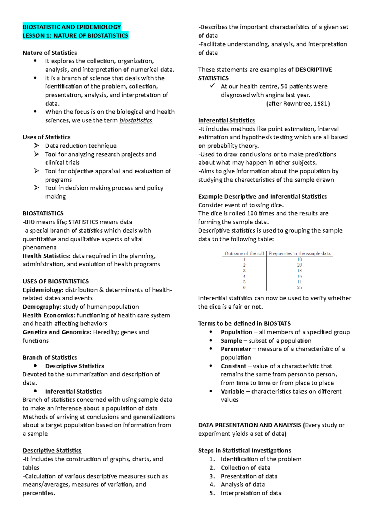 Biostat AND Epidem - BIOSTATISTIC AND EPIDEMIOLOGY LESSON 1: NATURE OF ...