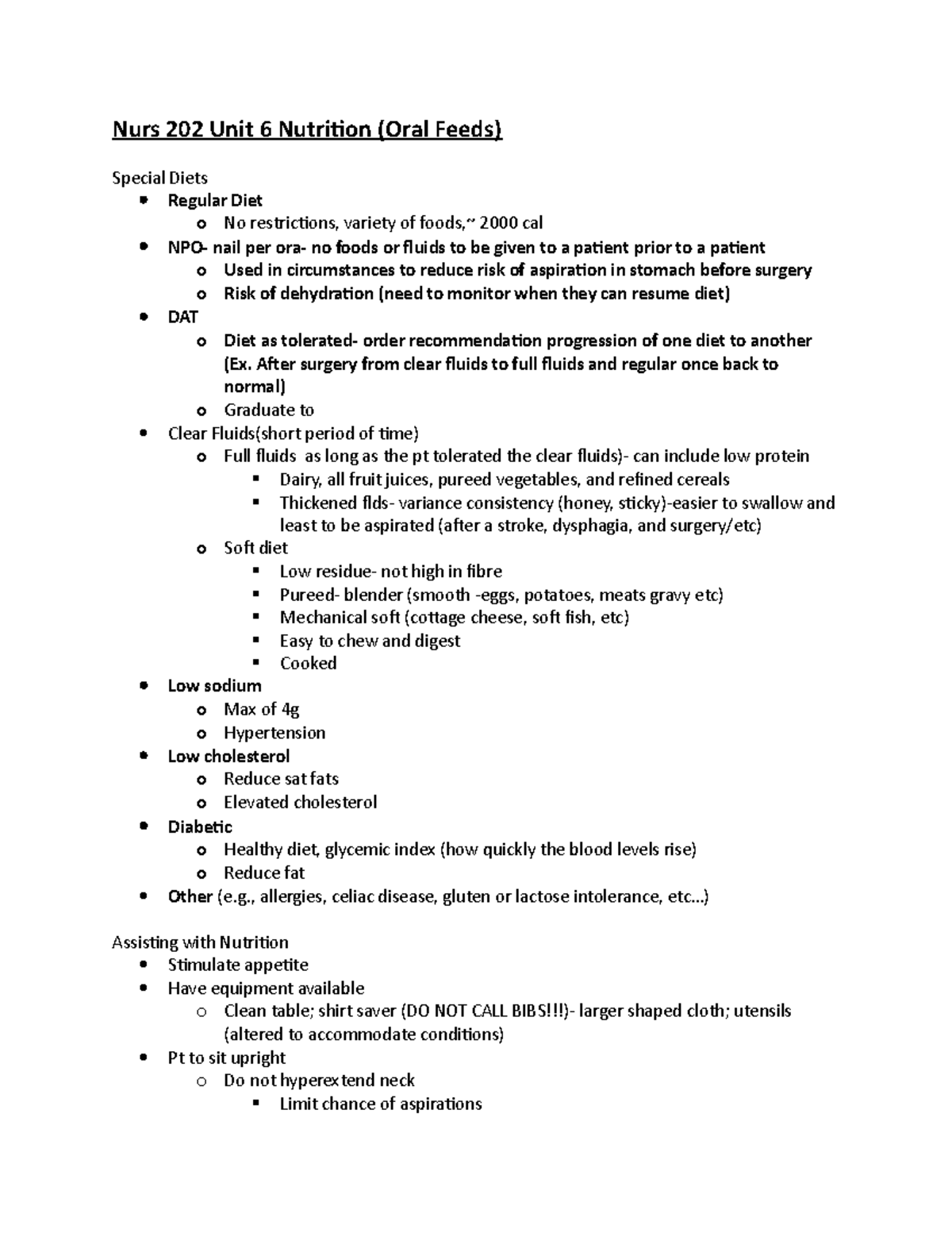 Unit 6 Nutrition - Unit 6 - Nurs 202 Unit 6 Nutrition (Oral Feeds ...