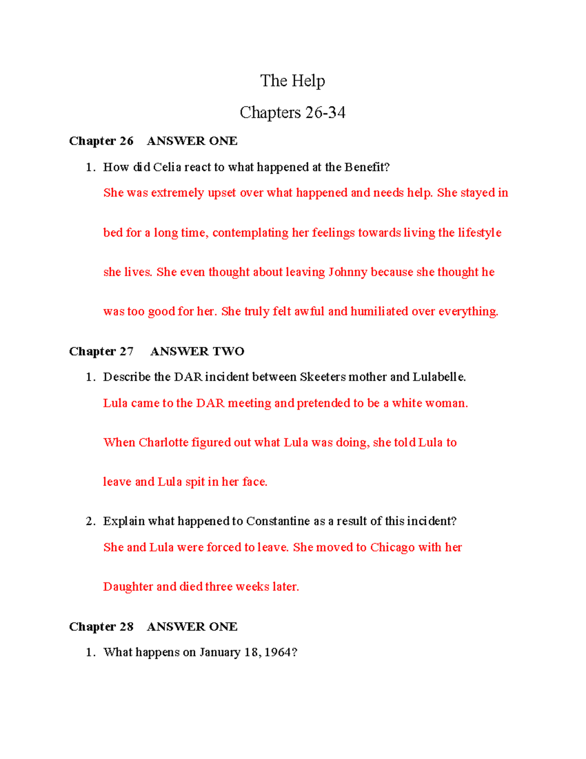 Honors US History - The Help Chapters - The Help Chapters 26­34 Chapter ...