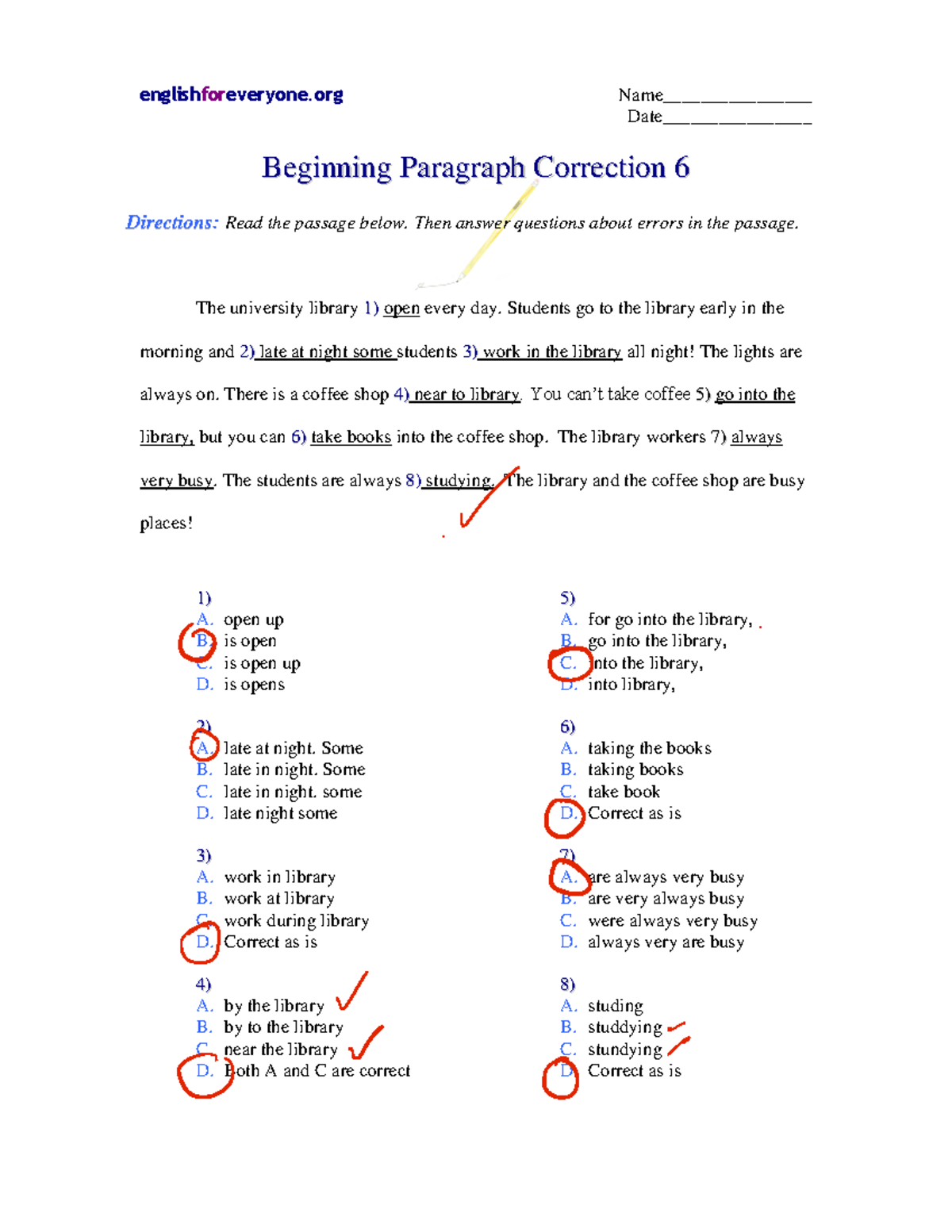 Grammar Practice 1 Paragraph Correction-1 - englishforeveryone Name ...