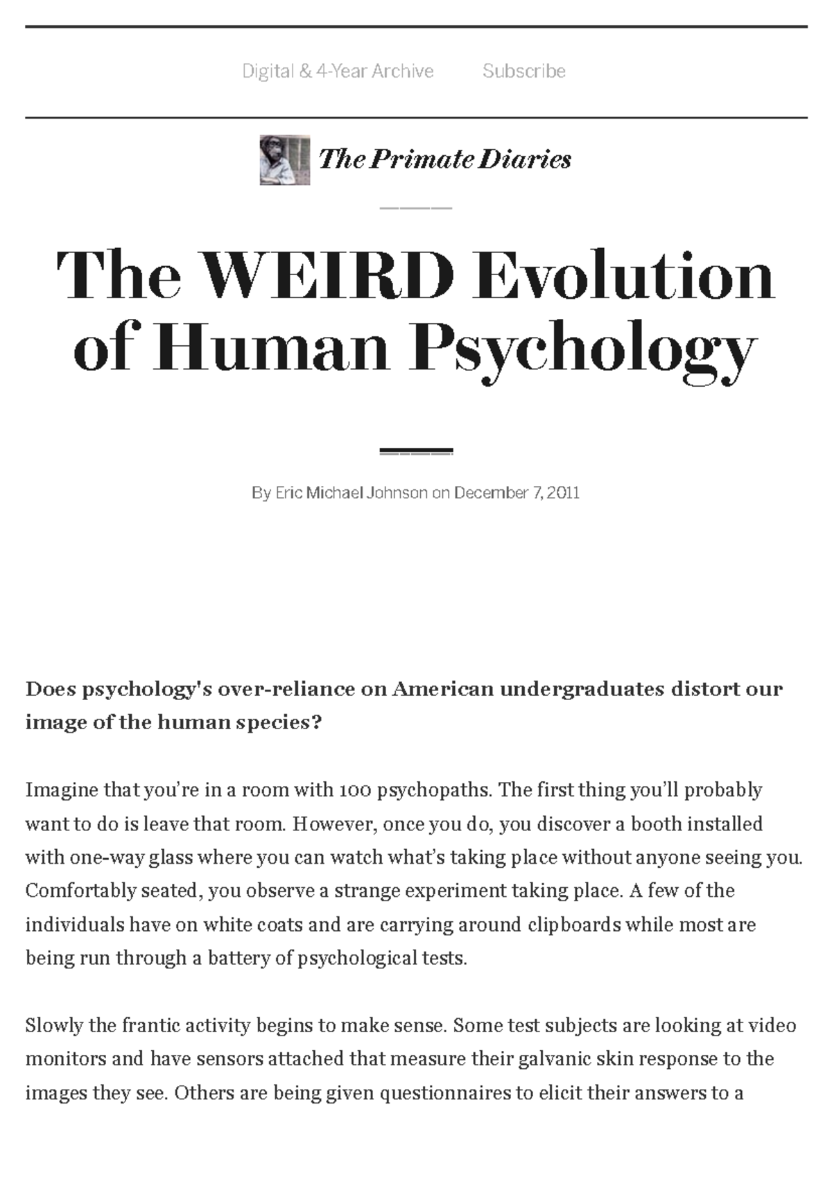 WK4 optional reading The Weird Evolution of Human Psychology ...