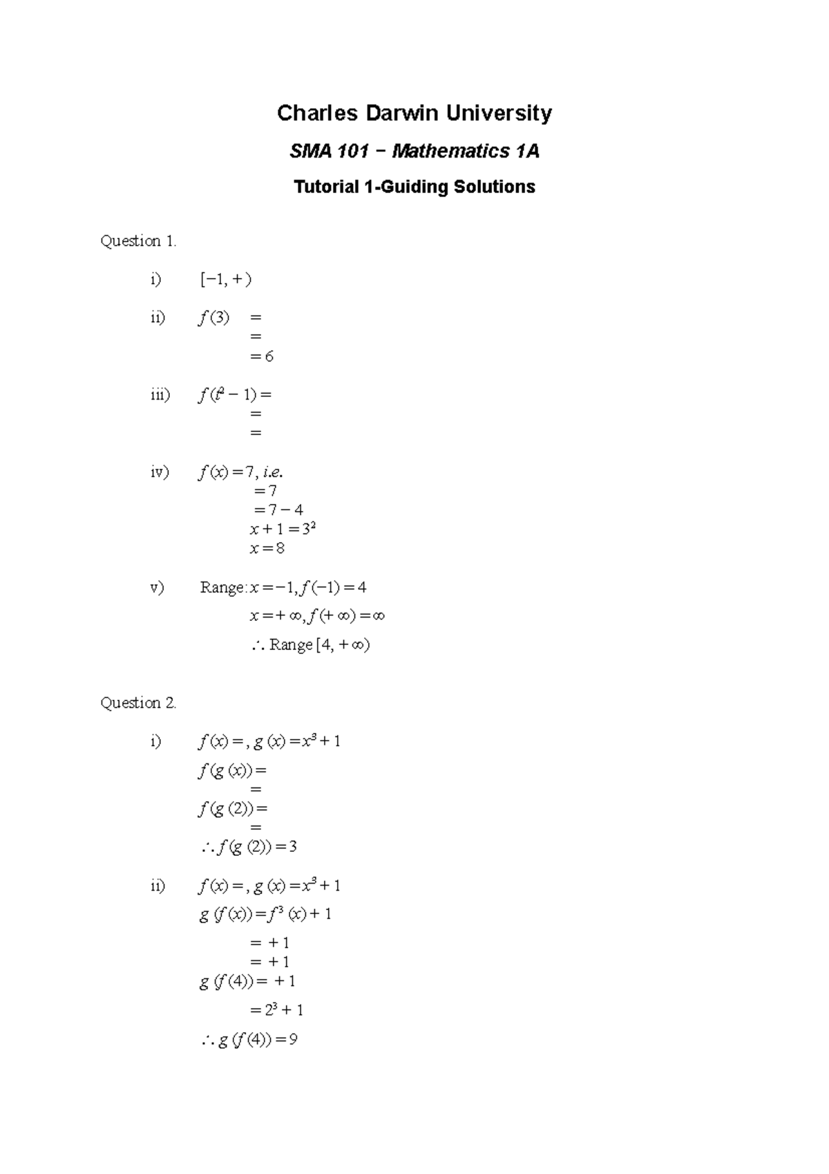 SMA101 Tutorial 1 solutions - Charles Darwin University SMA 101 − Mathematics 1A Tutorial 1 ...