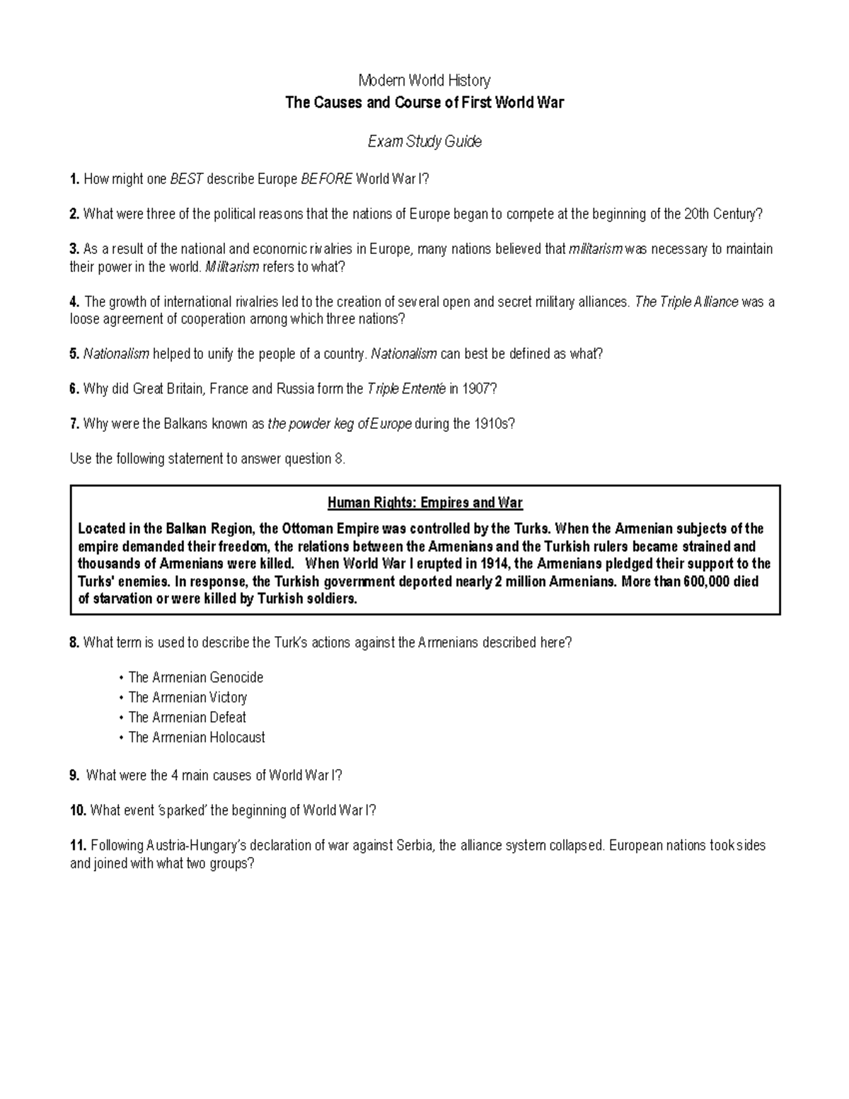 MWH World War I Study Guide - Modern World History The Causes and ...