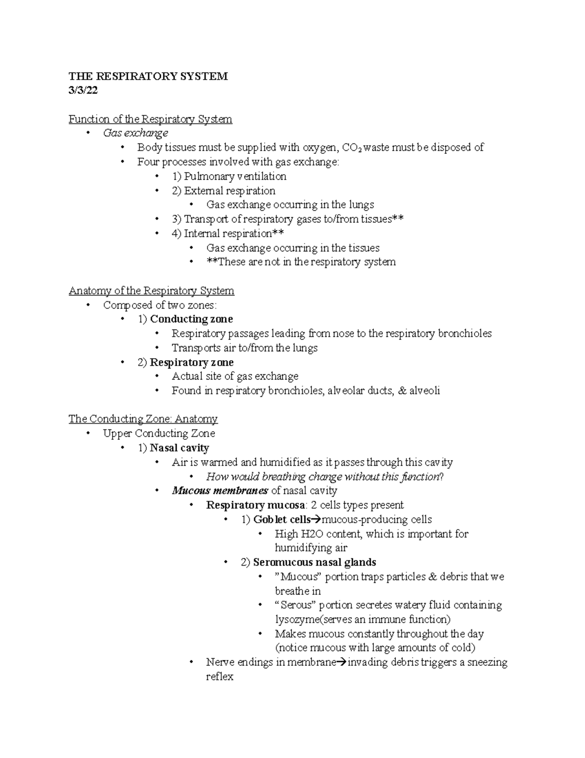 AP Respiratory System (EXAM 2) - THE RESPIRATORY SYSTEM 3/3/ Function ...