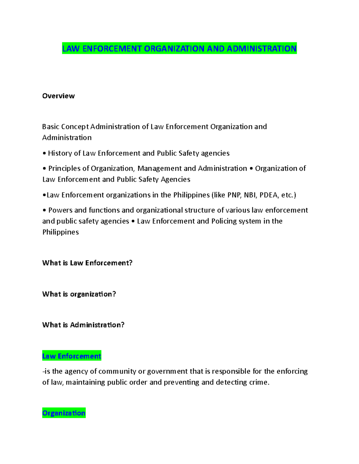 Law Enforment Organization and Administration I - LAW ENFORCEMENT ...