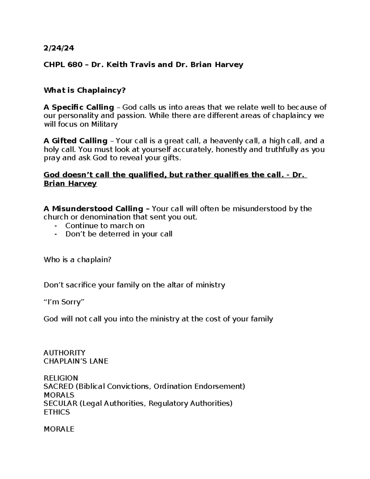 Chaplaincy Notes - 2/24/ CHPL 680 – Dr. Keith Travis and Dr. Brian ...