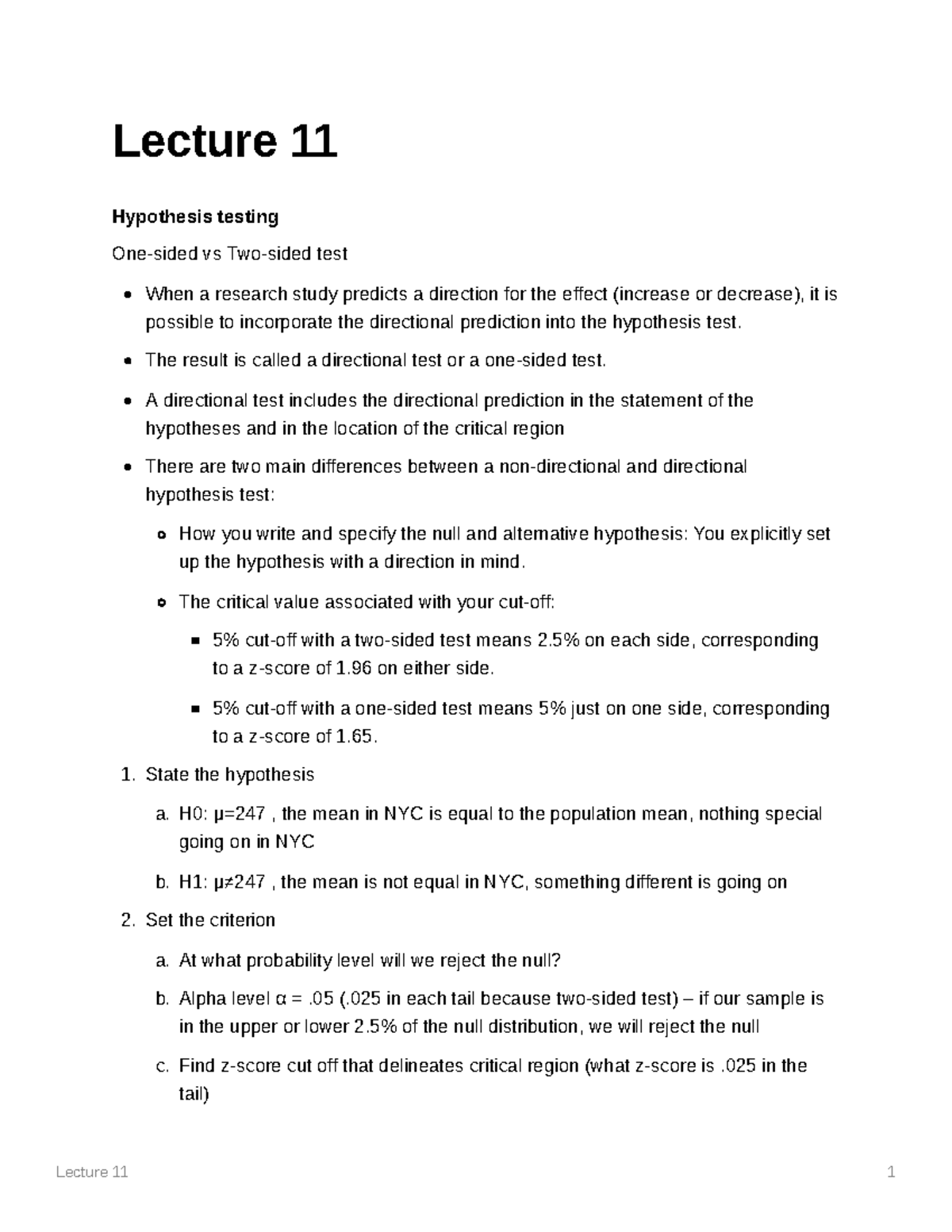 Lecture 11 - Lecture 11 Hypothesis testing One-sided vs Two-sided test ...