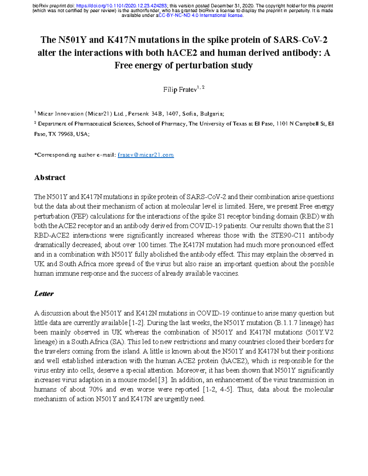 Fratev- The N501Y and K417N mutations in the spike protein of SARS-Co V ...