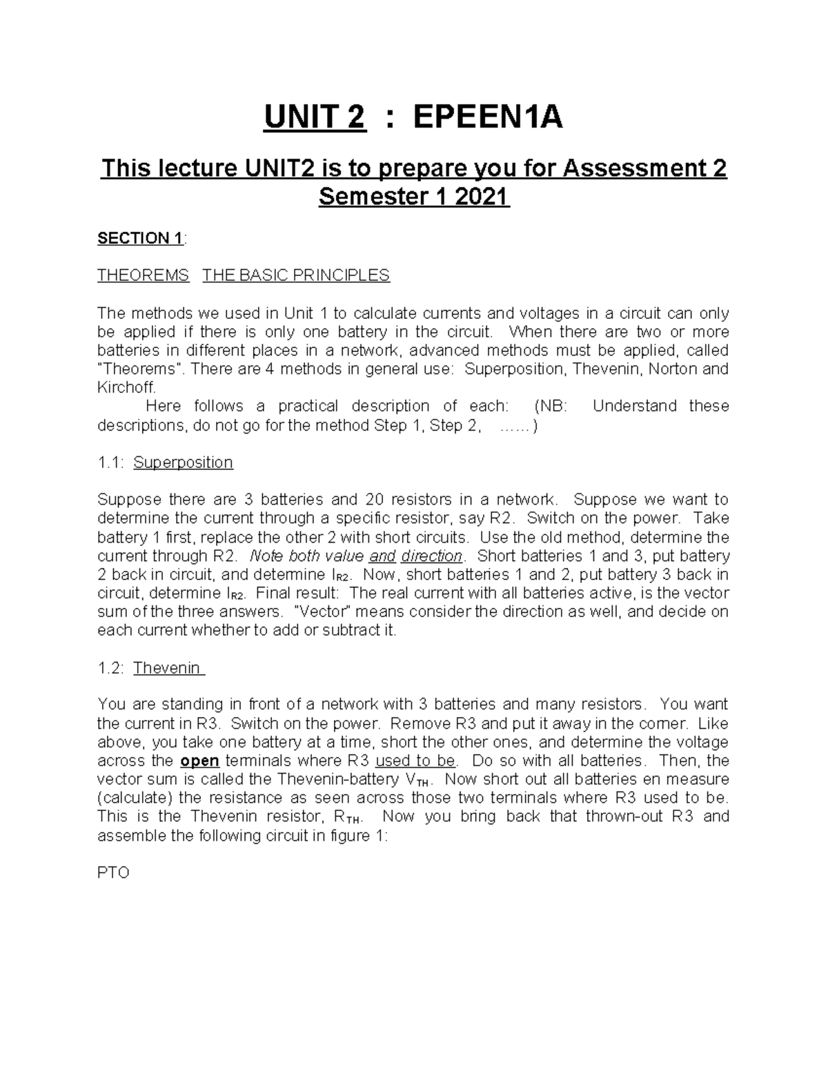 E1SEM1 2021 UNIT2 - electrical one study material - UNIT 2 : EPEEN1A This lecture UNIT2 is to ...