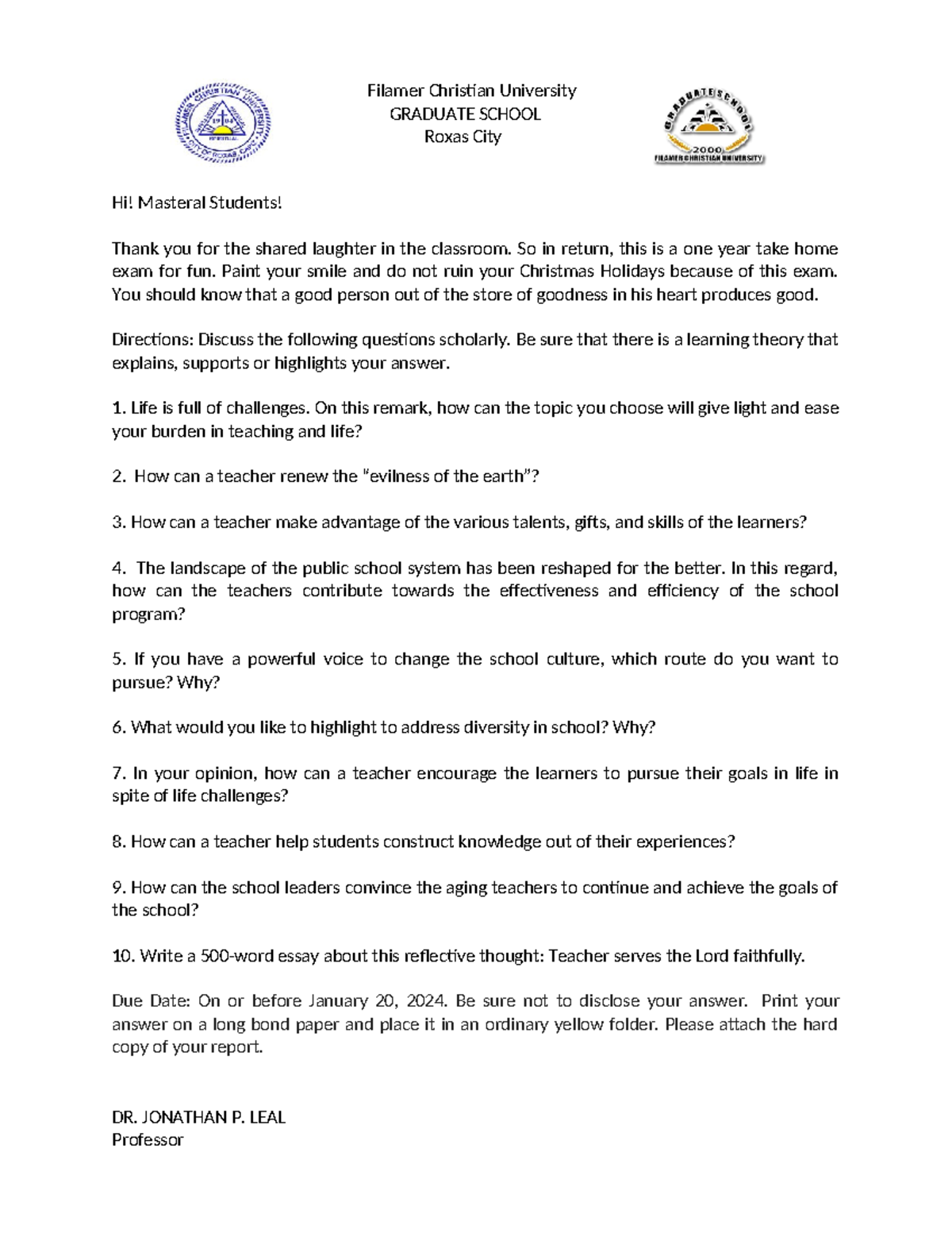 MAT- Holiday-EXAM - Filamer Christian University GRADUATE SCHOOL Roxas ...