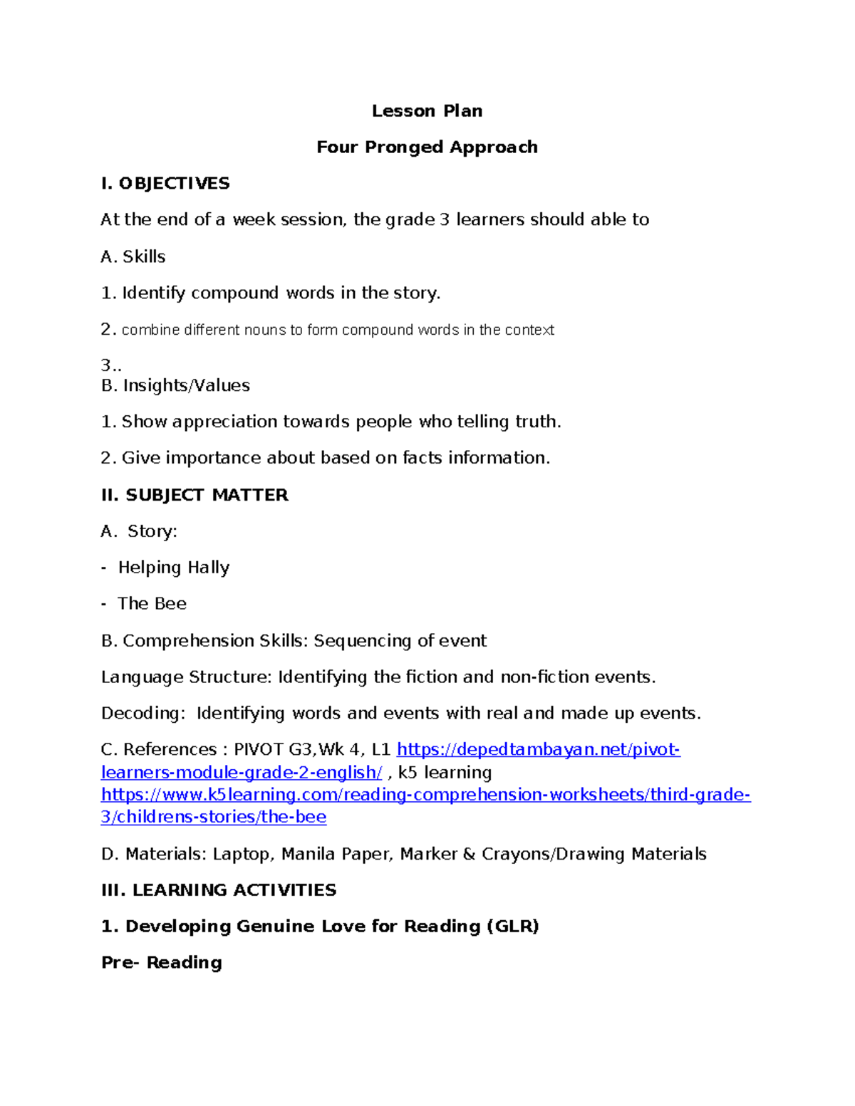 Lesson-Plan Mother- Tongue - Lesson Plan Four Pronged Approach I ...