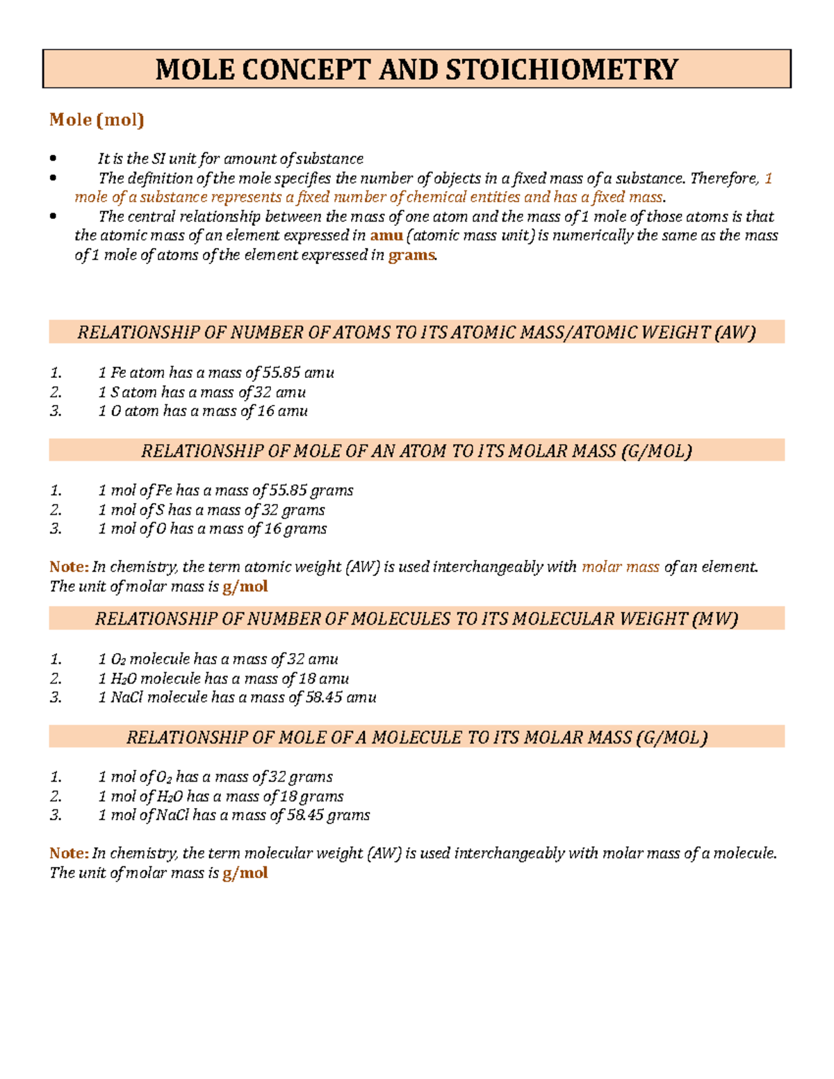 2.1.2 MOLE Concept AND Stoichiometry - MOLE CONCEPT AND STOICHIOMETRY ...