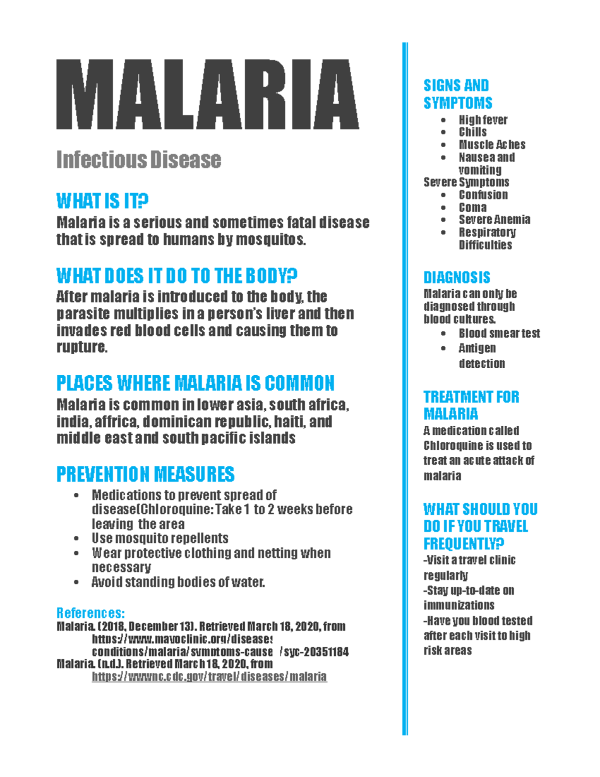 Malaria Flyer- pathophysiology/signs and symptoms - MALARIA Infectious Disease WHAT IS IT ...