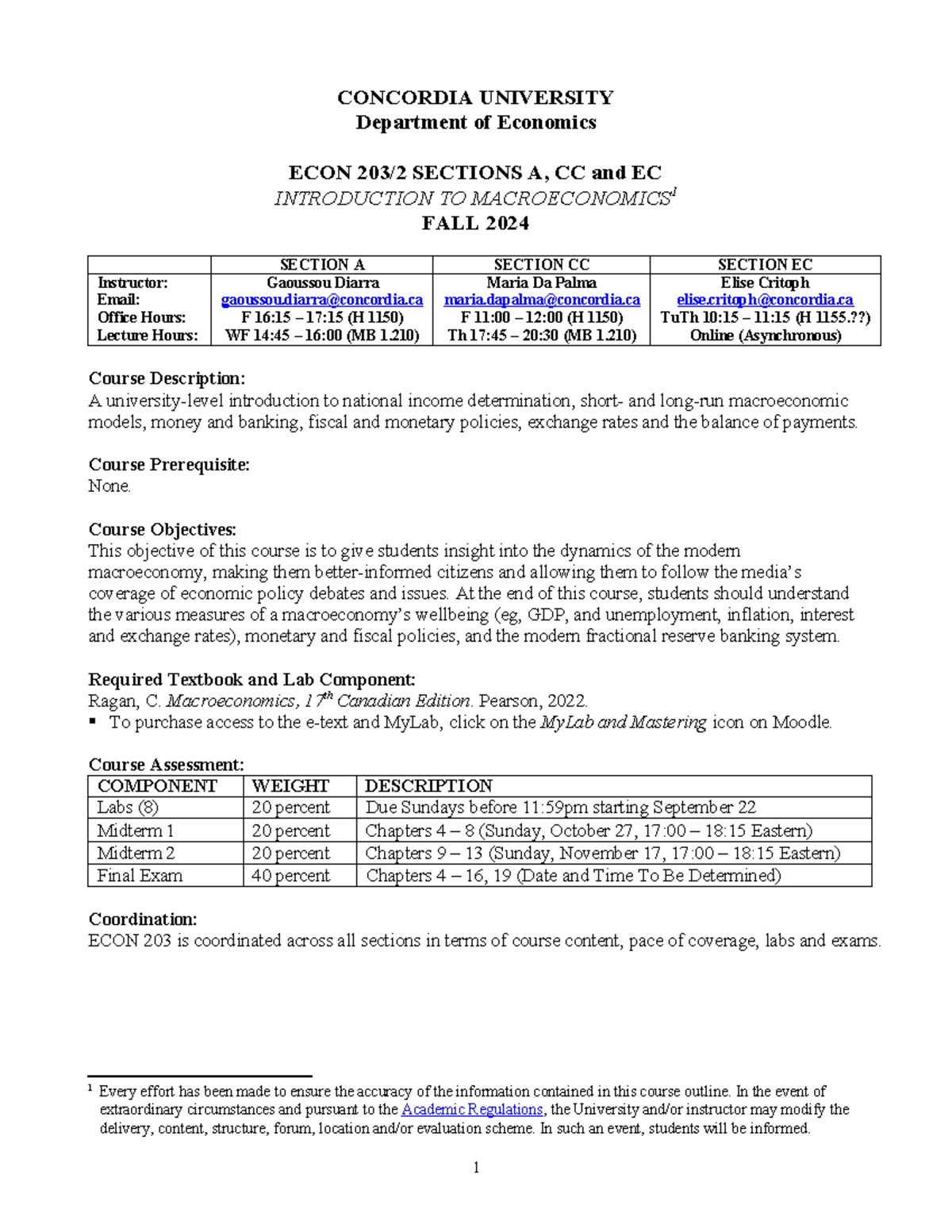 ECON203 (2024F) - Outline CC - CONCORDIA UNIVERSITY Department of ...