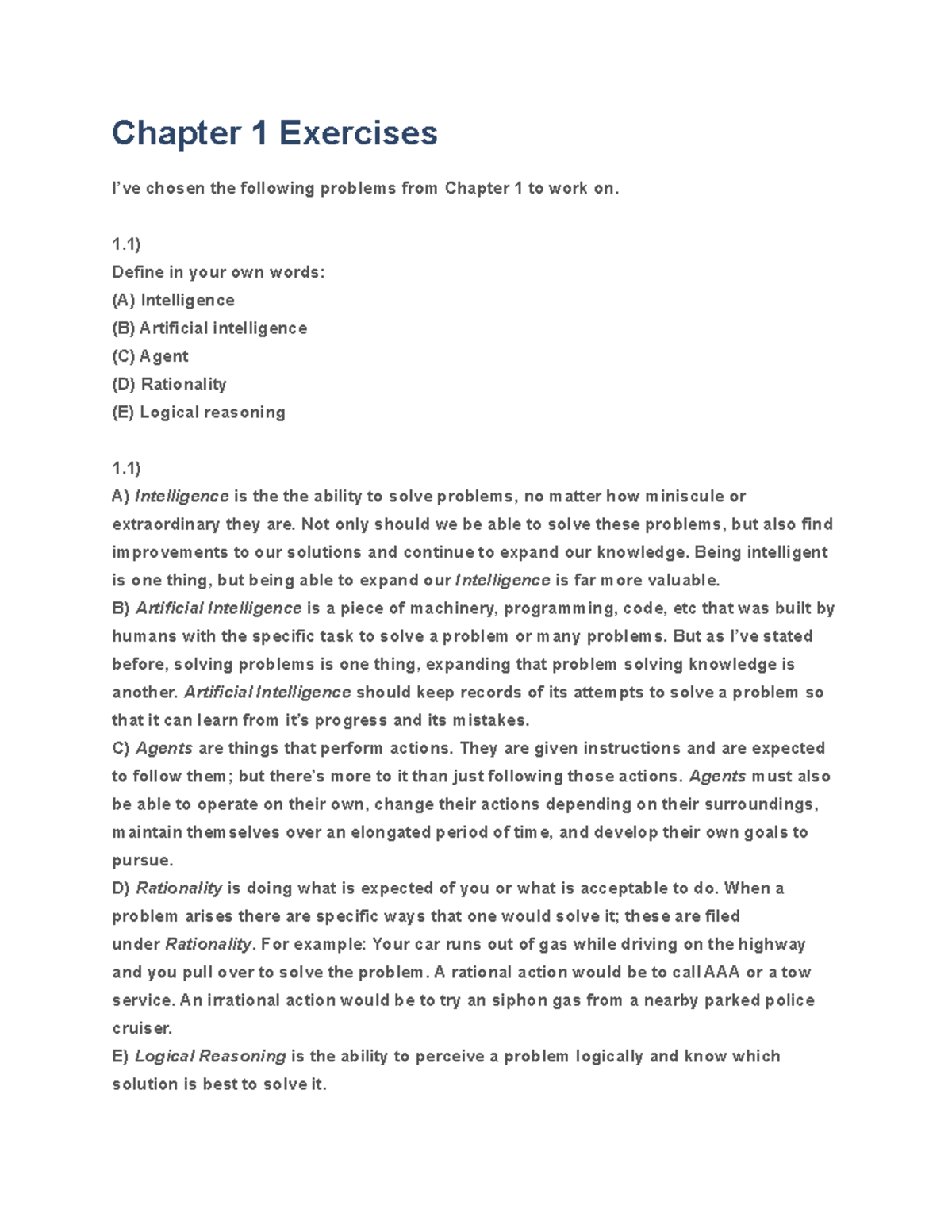 Chapter 1 Exercises - Chapter 1 Exercises I’ve chosen the following problems from Chapter 1 to ...