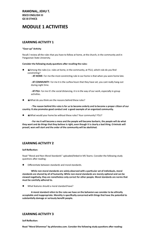 GE 9 module activities - hehe - GE 9 – Ethics Name: Course: Moral ...