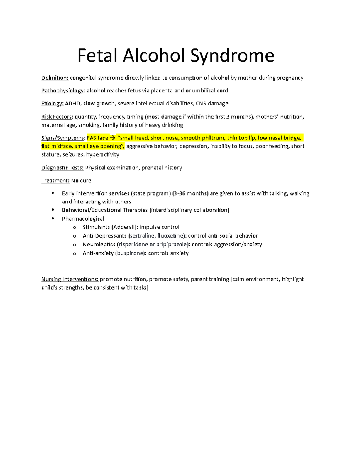 Fetal Alcohol Syndrome Study sheet - Fetal Alcohol Syndrome Definition ...