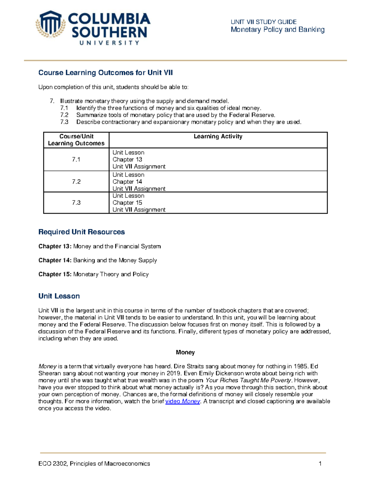 Unit 7 Study Guide Macroeconomics - Course Learning Outcomes for Unit ...