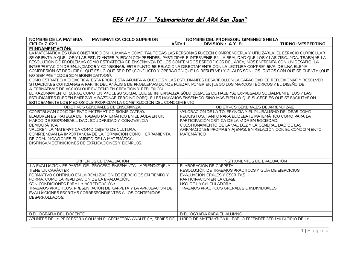 Modelo DE Planificación 4 esc 117 2024 - NOMBRE DE LA MATERIA: MATEMATICA CICLO SUPERIOR NOMBRE ...