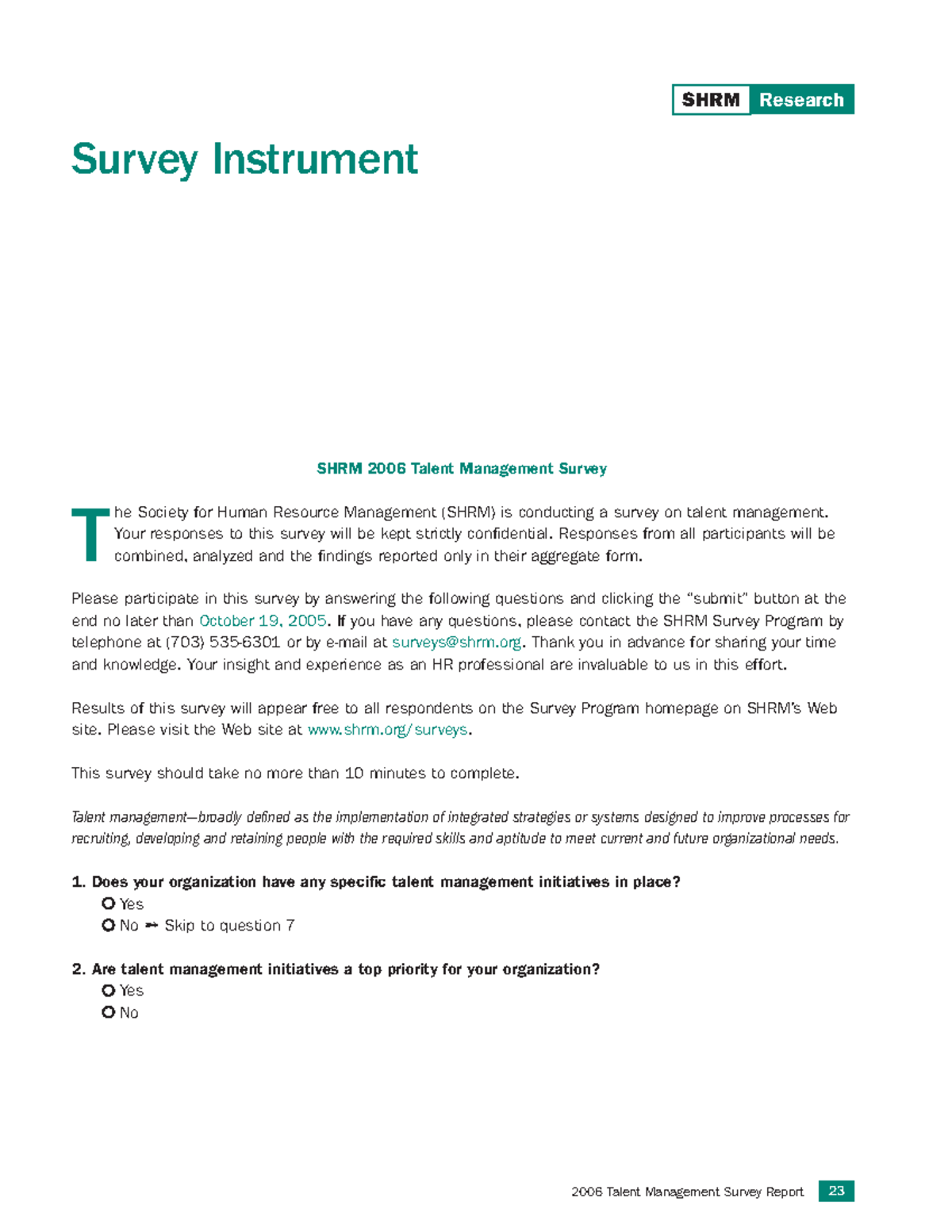 SHRM Talent Management Survey - 23 SHRM Research Survey Instrument SHRM ...