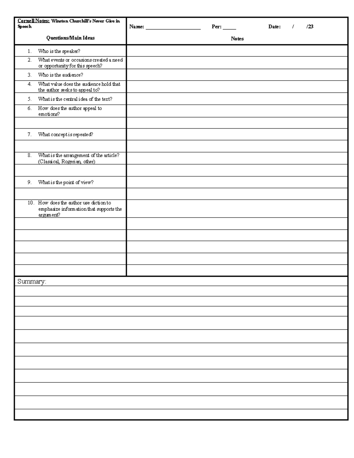 Cornell Notes Never Give In - Cornell Notes: Winston Churchill’s Never ...