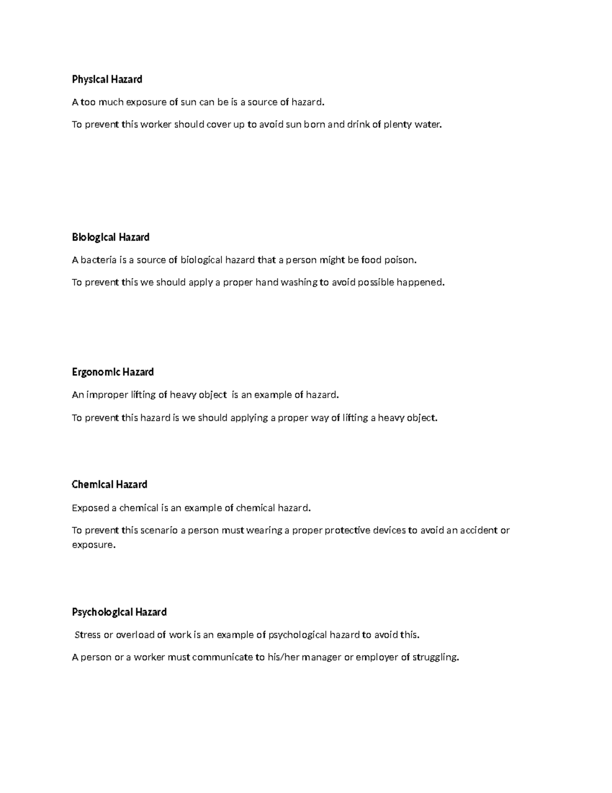 Example hazard - DEMo Detailed Lesson PLAN Carpentry 8 - Physical Hazard A too much exposure of ...