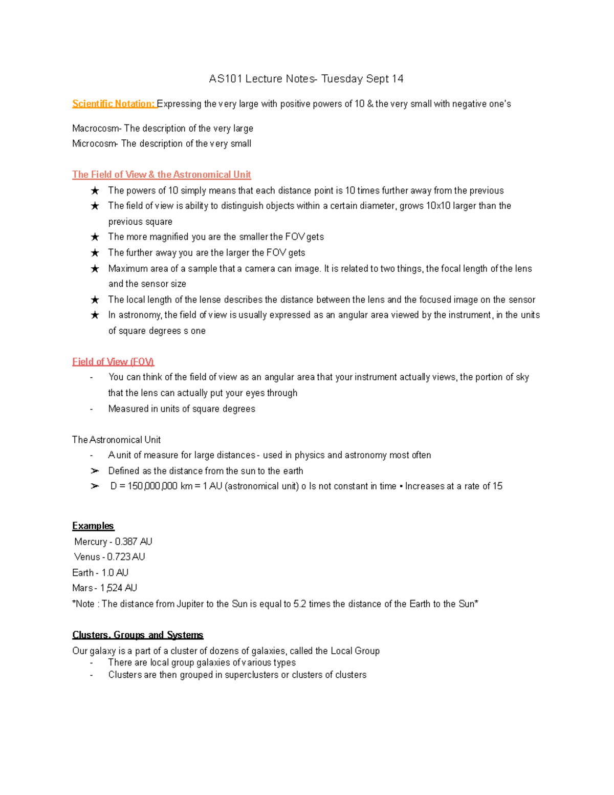 AS101 Lecture 1 Notes - AS101 - WLU - Studocu