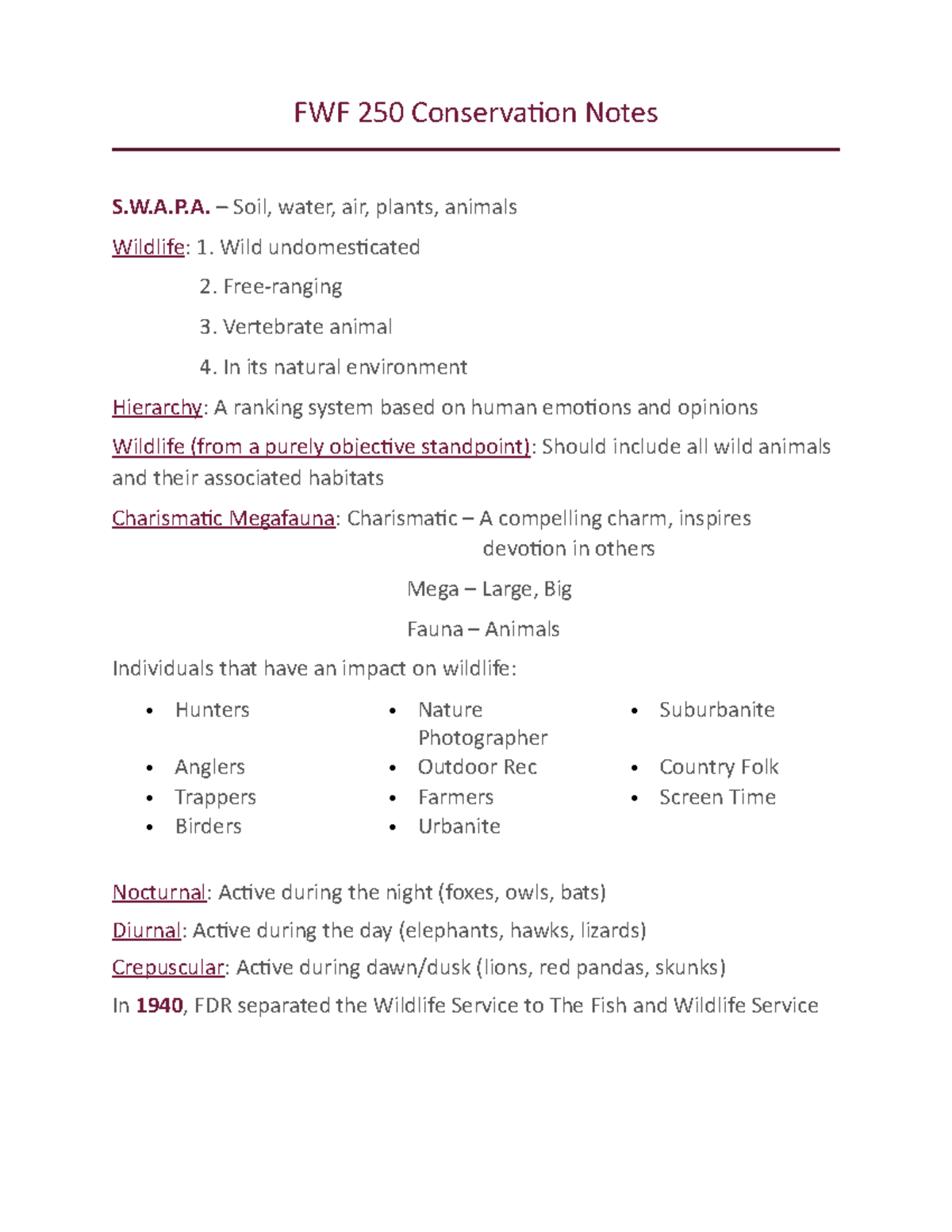 FWF 250 Conservation Notes - FWF 250 Conservation Notes S.W.A.P. – Soil ...