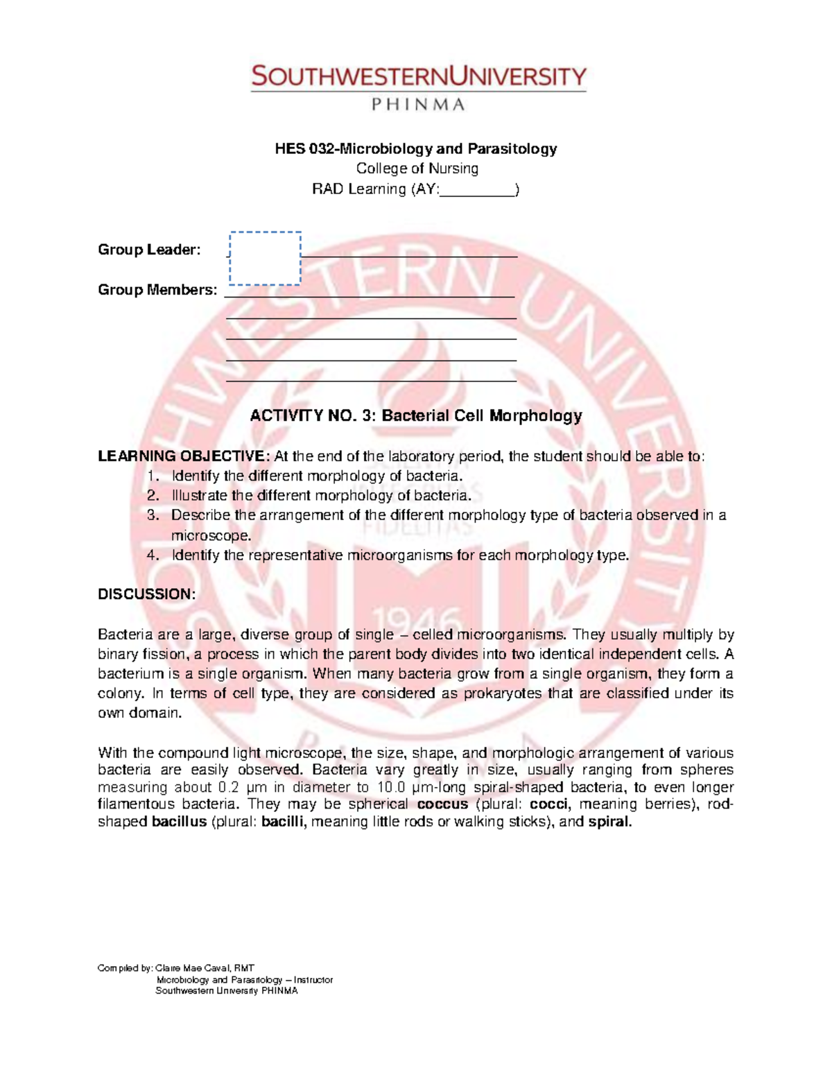 HES 032 NURSING Lab #3 - Compiled by: Claire Mae Caval, RMT ...