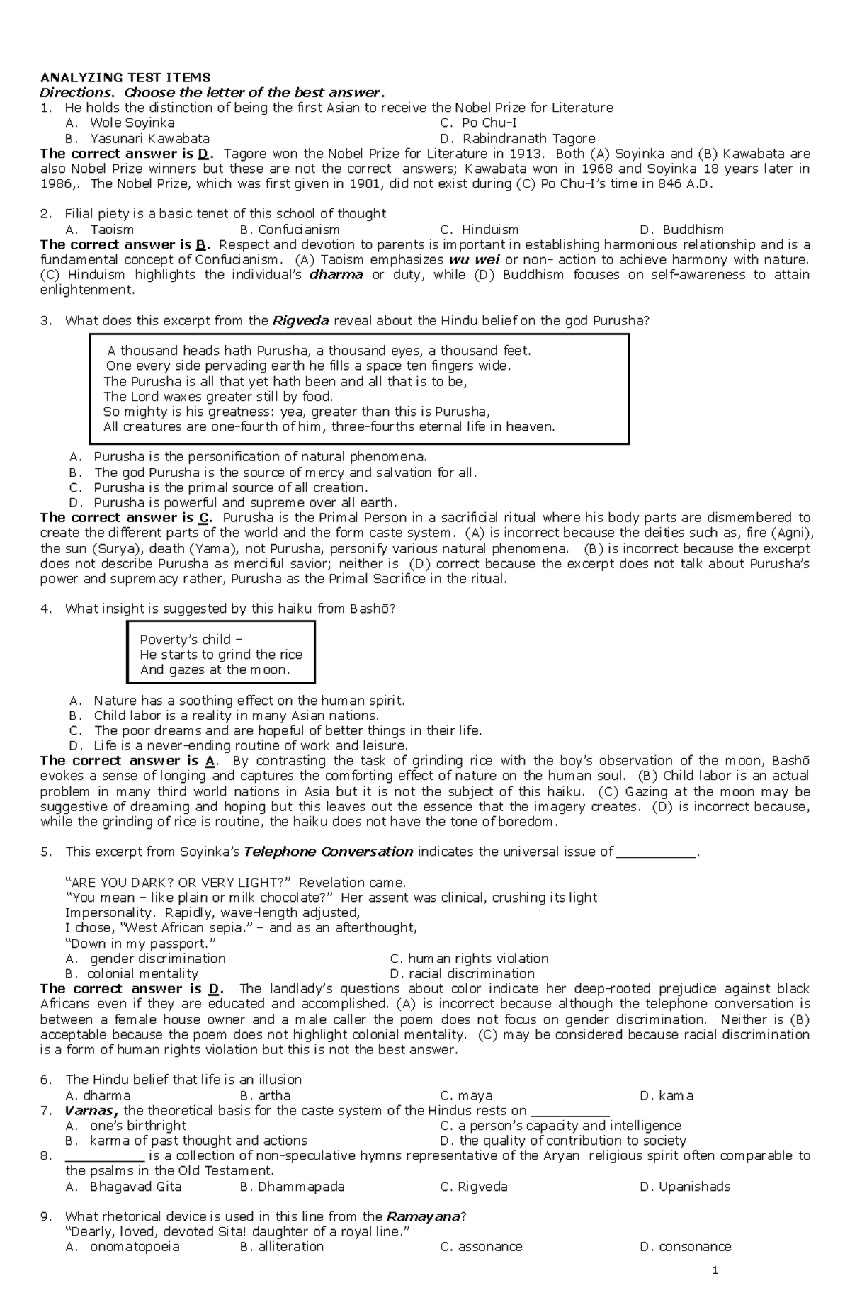 English - Reviewer for LET - ANALYZING TEST ITEMS Directions. Choose ...