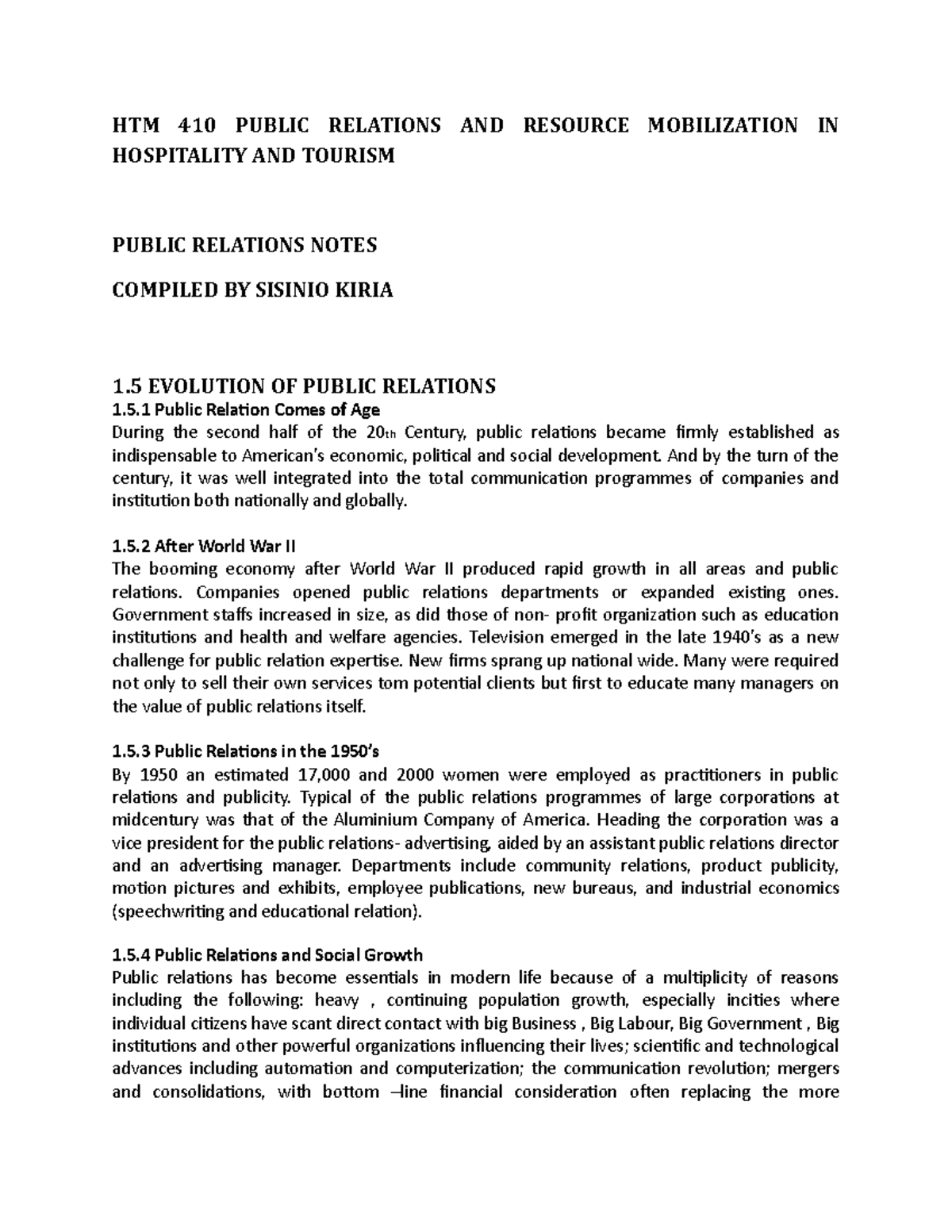 PR Notes Hospitality AND Tourism - HTM 410 PUBLIC RELATIONS AND ...