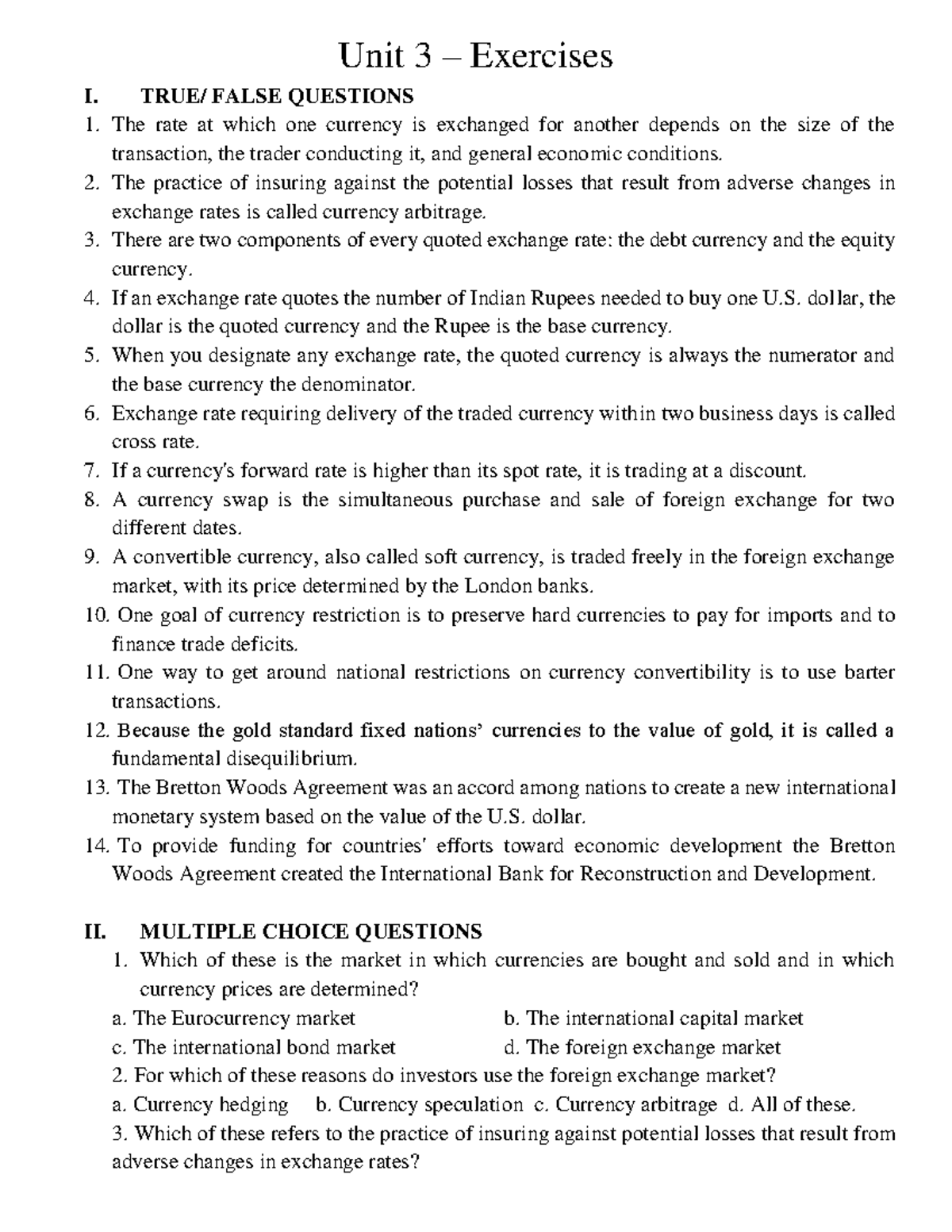Unit 3 - Exercises to sts - Unit 3 – Exercises I. TRUE/ FALSE QUESTIONS The rate at which one ...