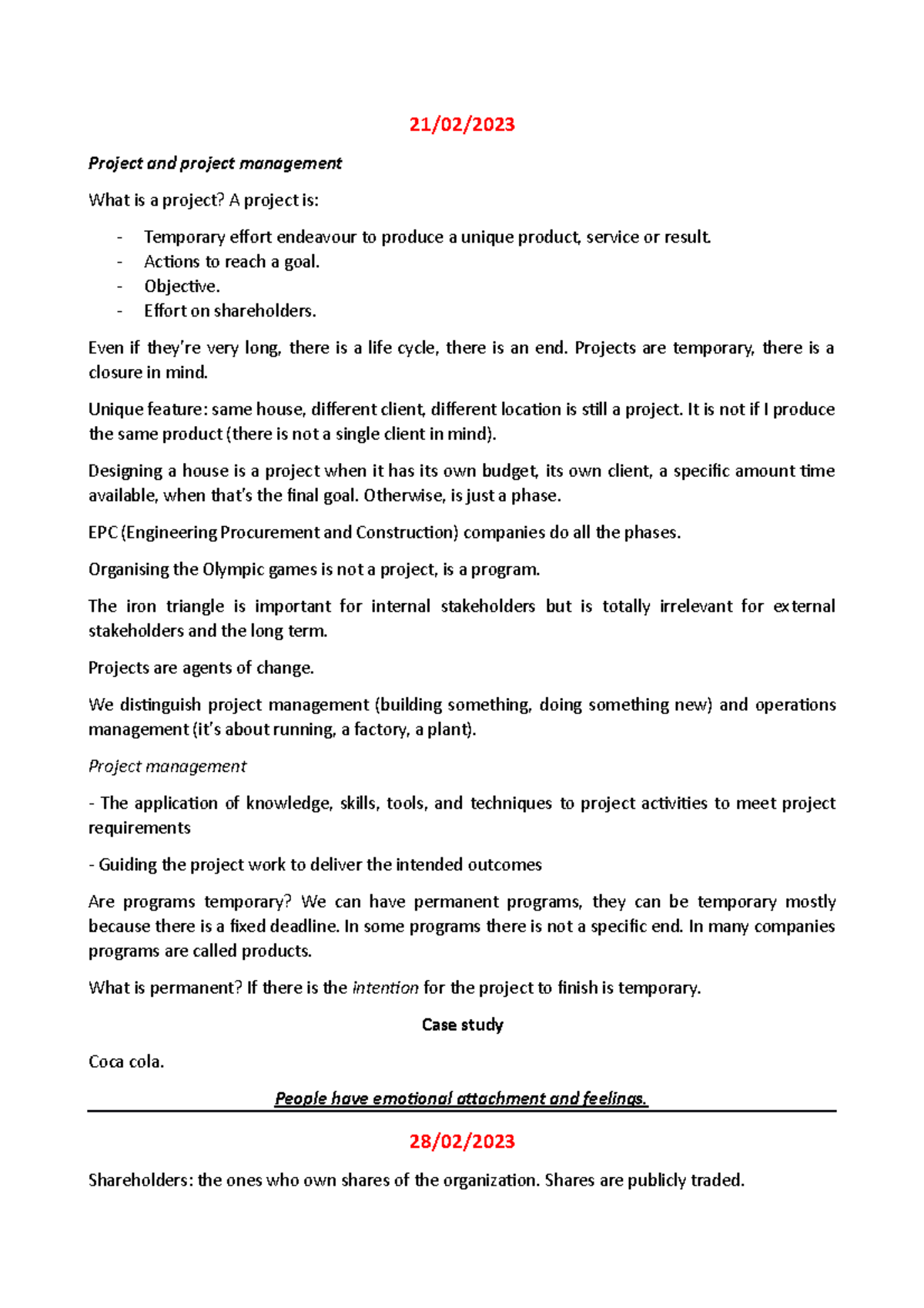 Appunti - 21/02/ Project and project management What is a project? A ...