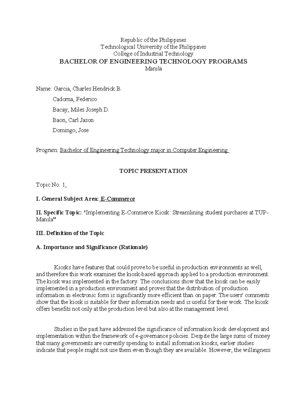 TUP E-Commerce Kiosk - Summary Computer engineering technology ...